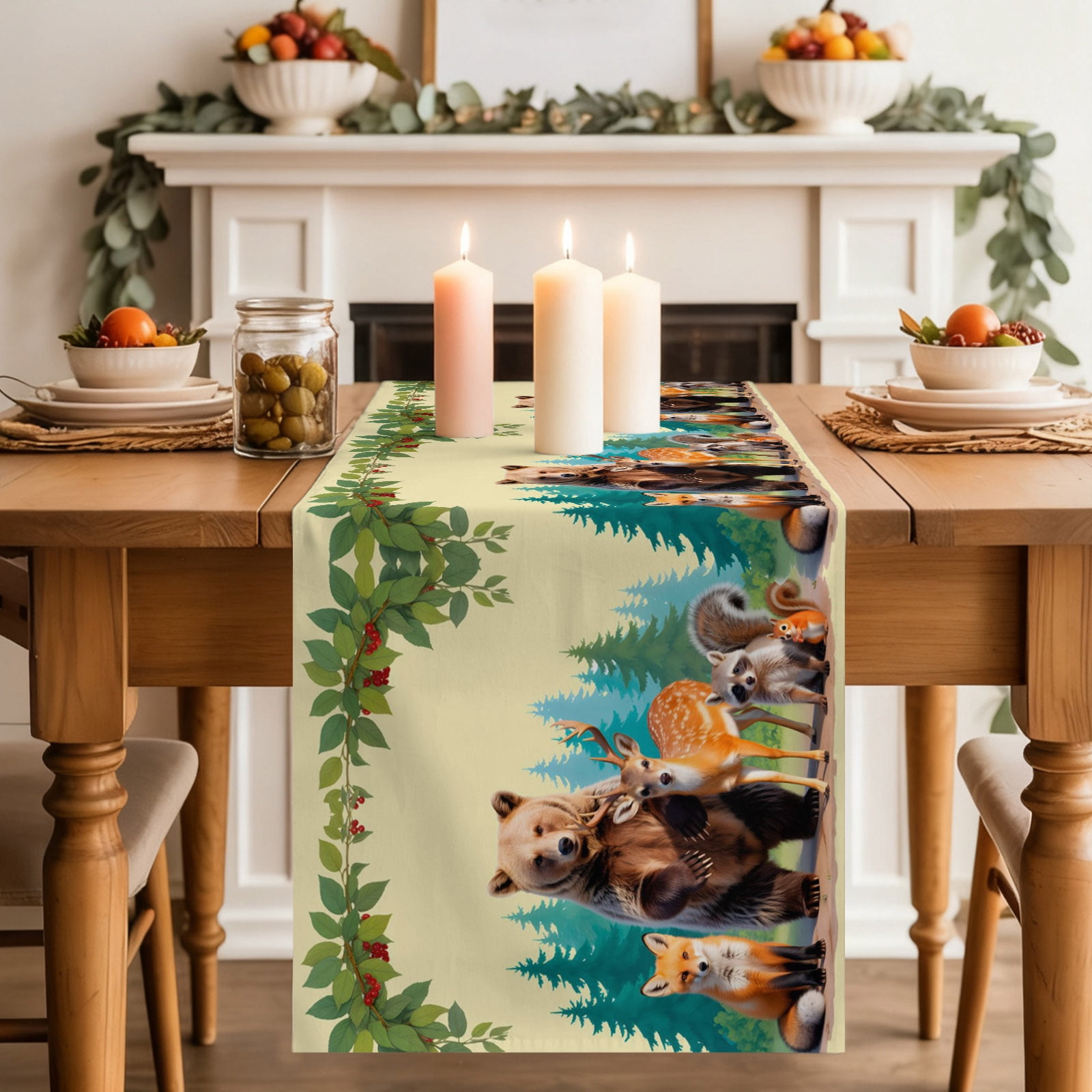 Cartoon Bear Deer Fox Squirrel Table Runner 13x90in Non-Slip Cotton ...