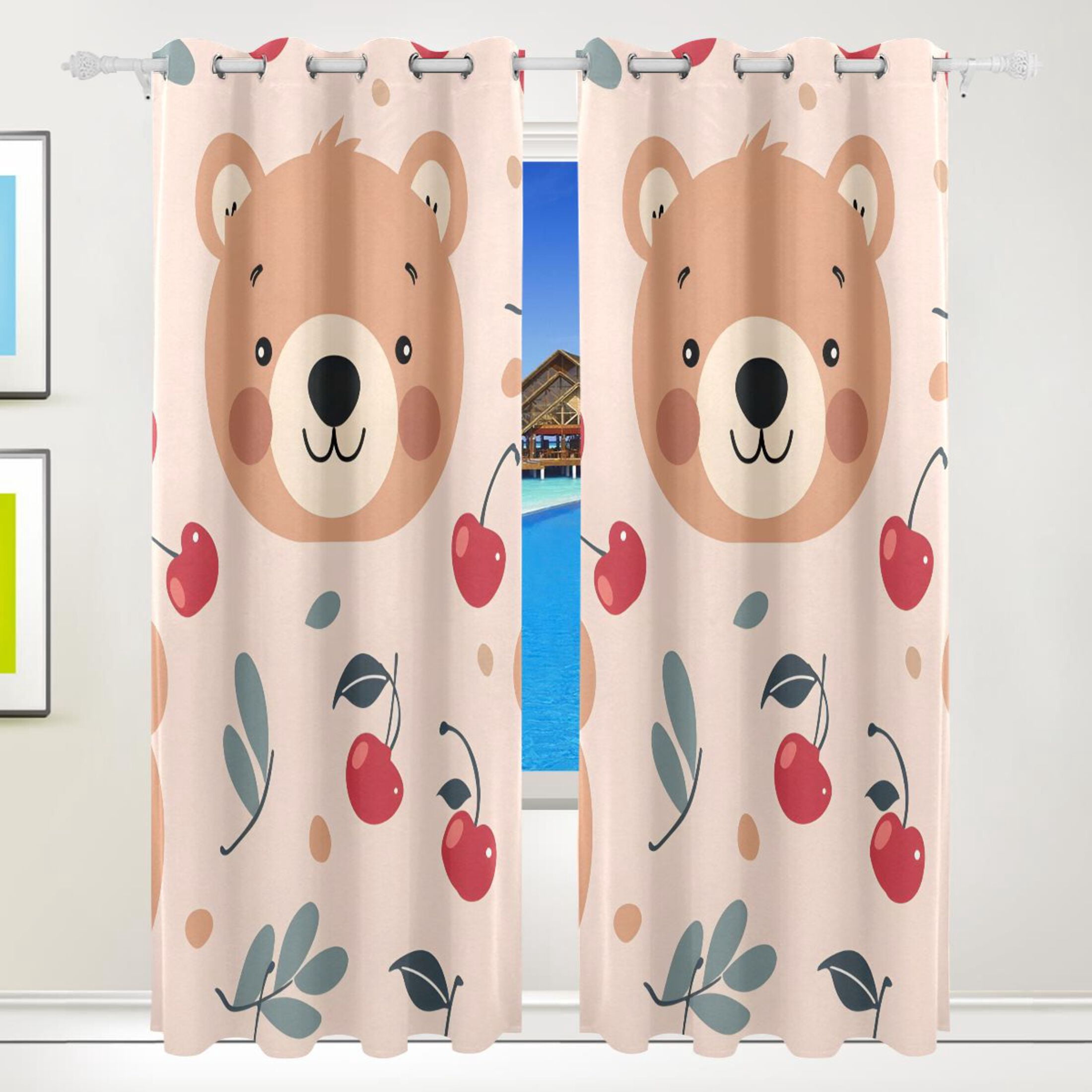 Cartoon Bear Face and Cherry Blackout Curtains 72 inch Length 2 Panels ...