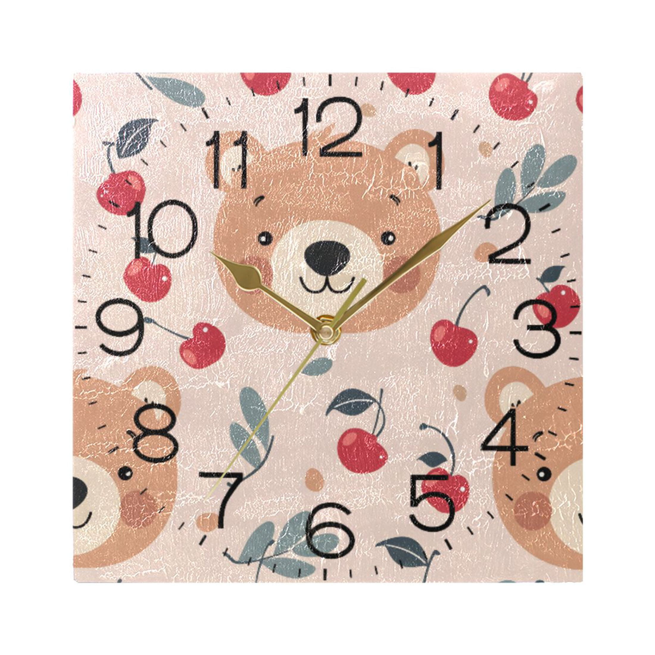 Cartoon Bear Face and Cherry Wall Clock 7.78" Non-Ticking Silent ...