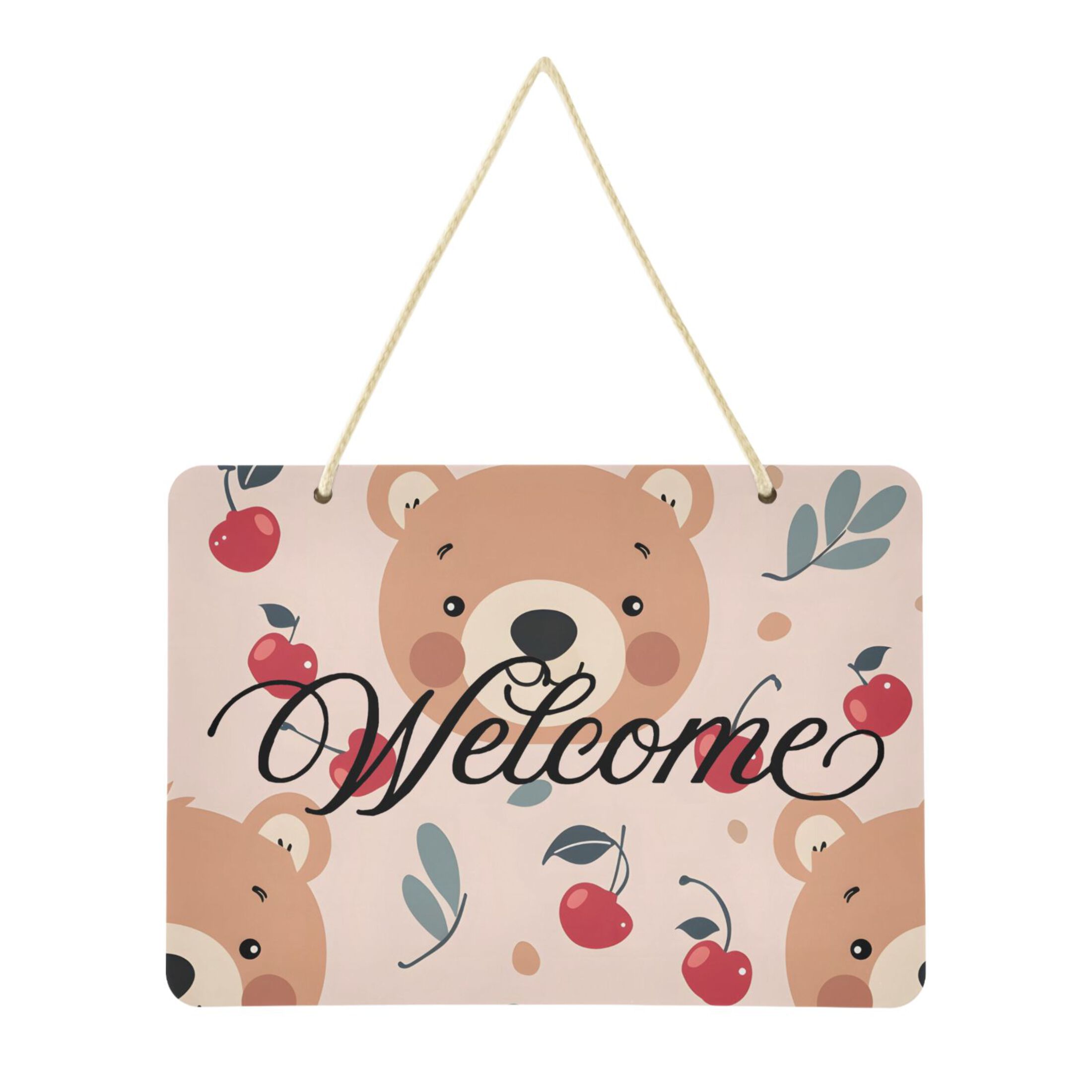Cartoon Bear Face and Cherry Welcome Sign Front Door PVC 14x10 inch ...