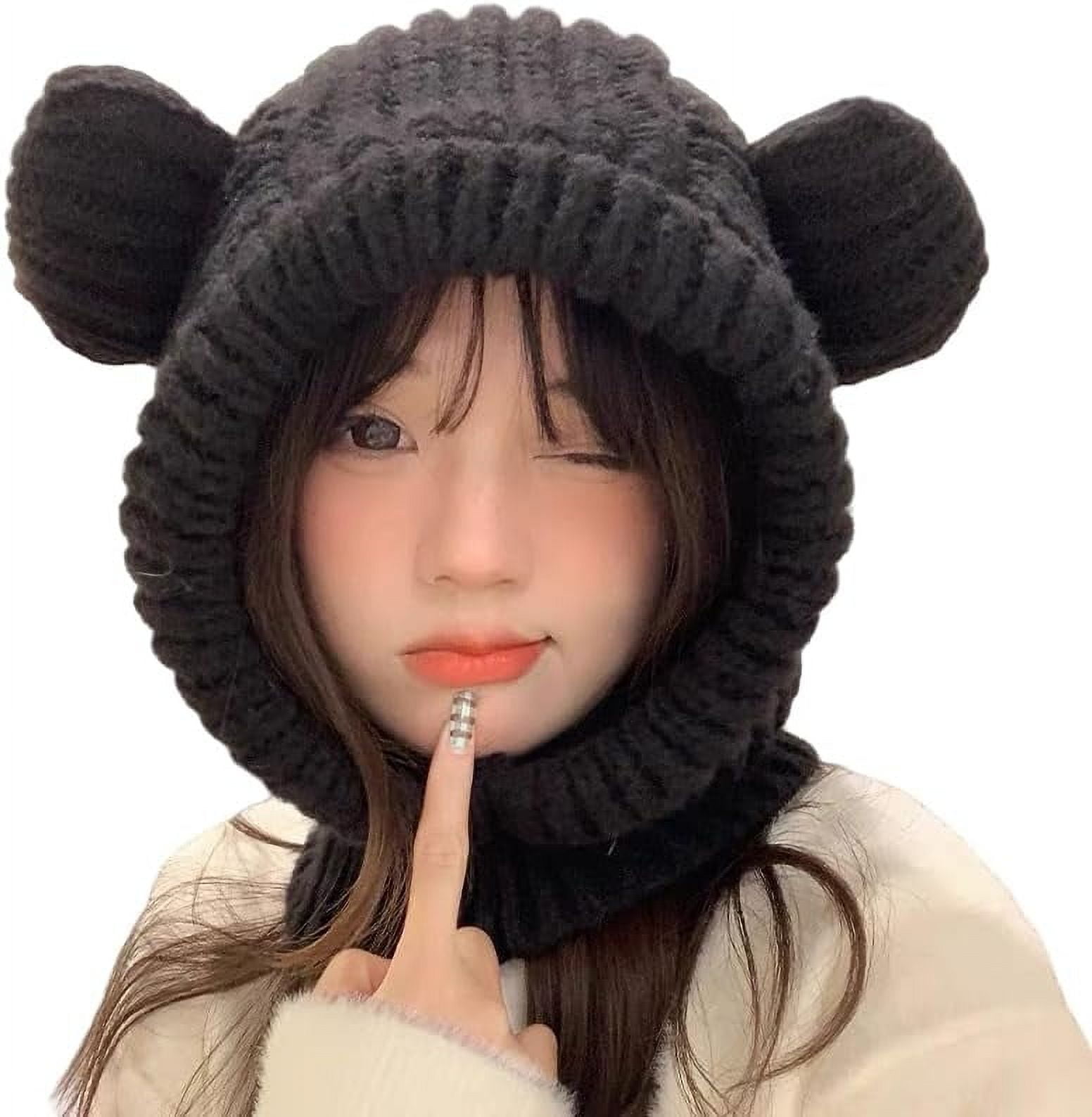 Cartoon Bear Knitted Wool Hat with Hood & Scarf Windproof Outdoor ...