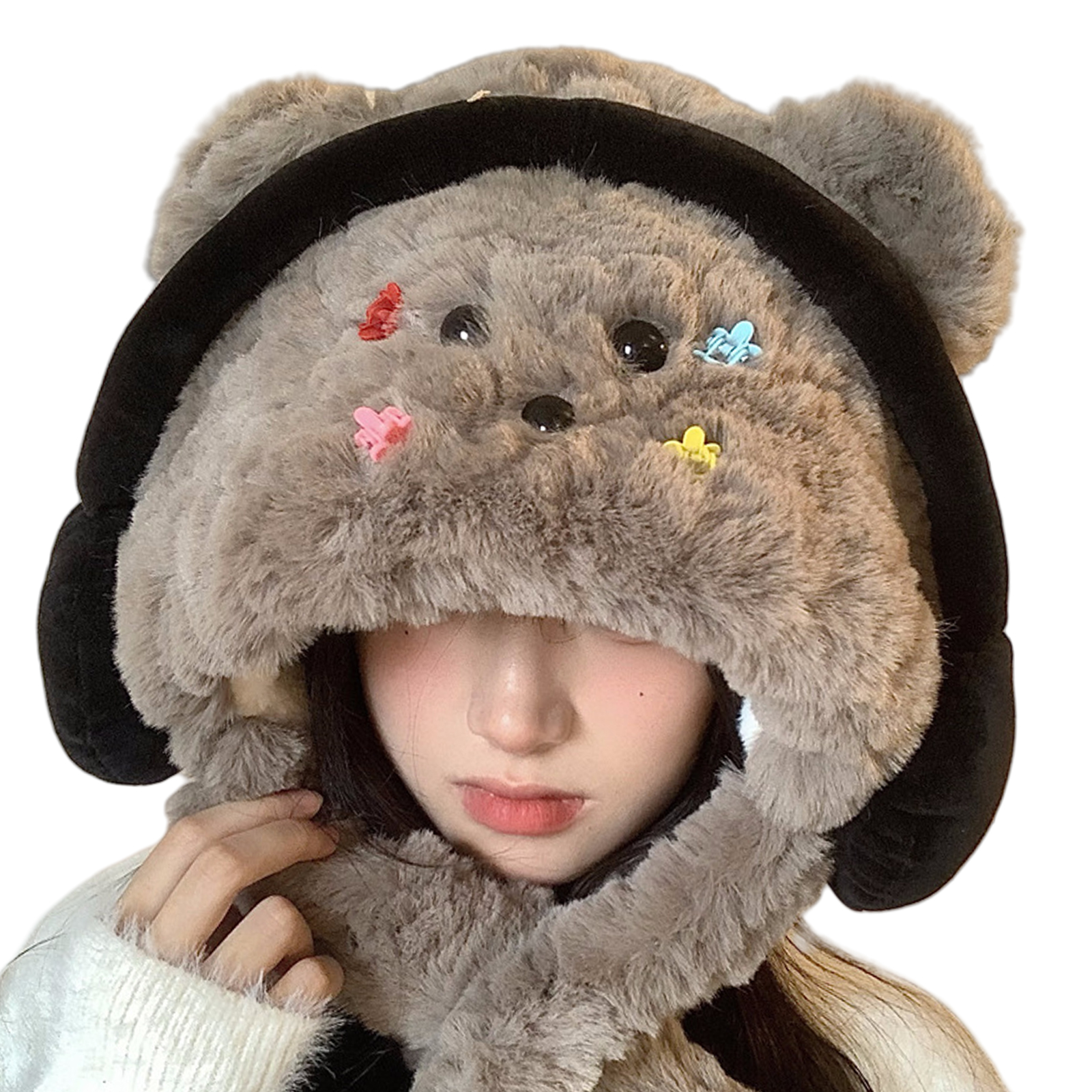 Cartoon Bear Plush Caps Thicken Ear Muff Hat for Skiing Hiking Women ...