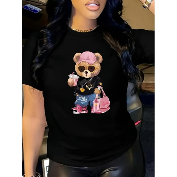 Cartoon Bear Print T-Shirt, Casual Crew Neck Short Sleeve Top For ...