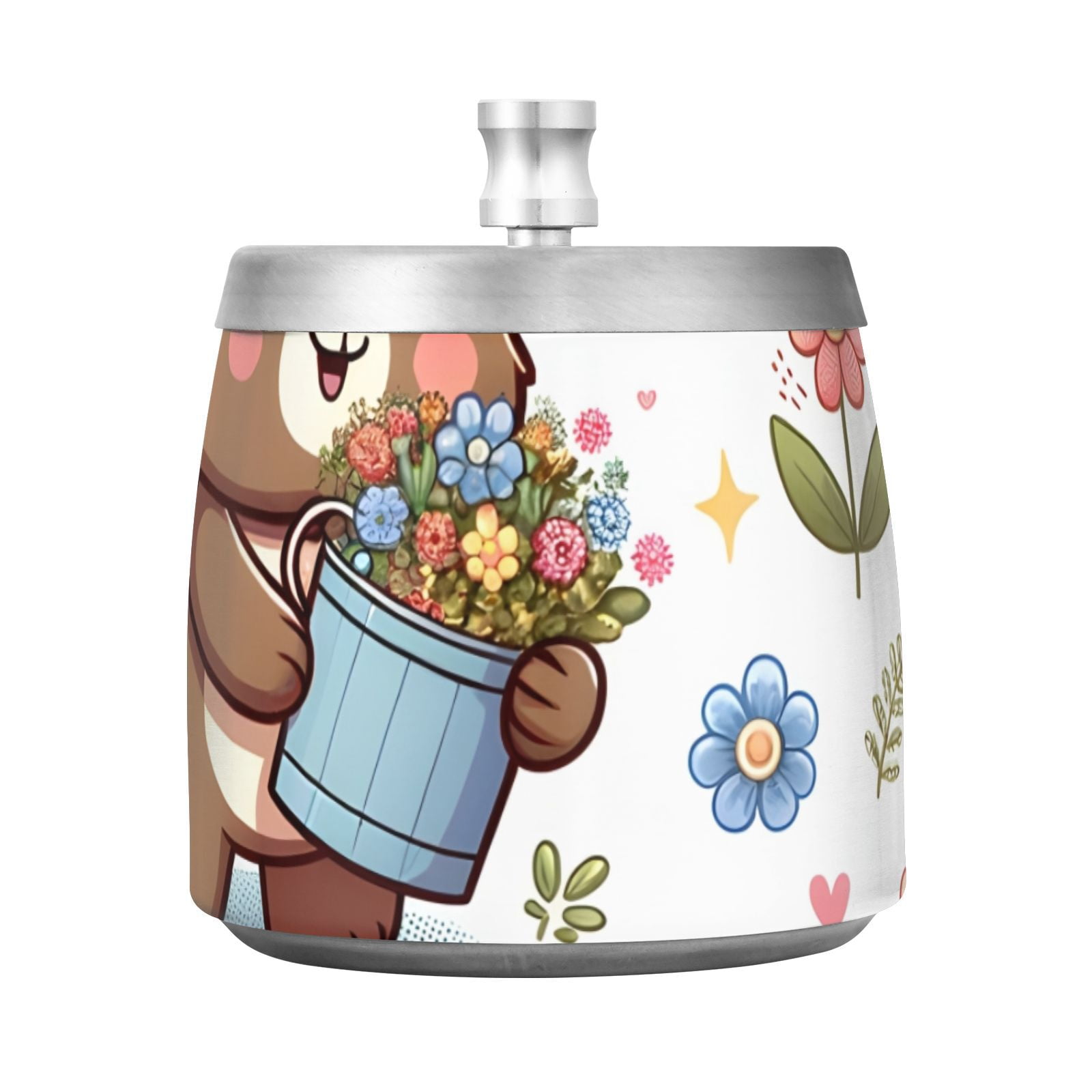Cartoon Bear and Flower Bucket Ashtray with Lid Smell Proof Cigarette ...