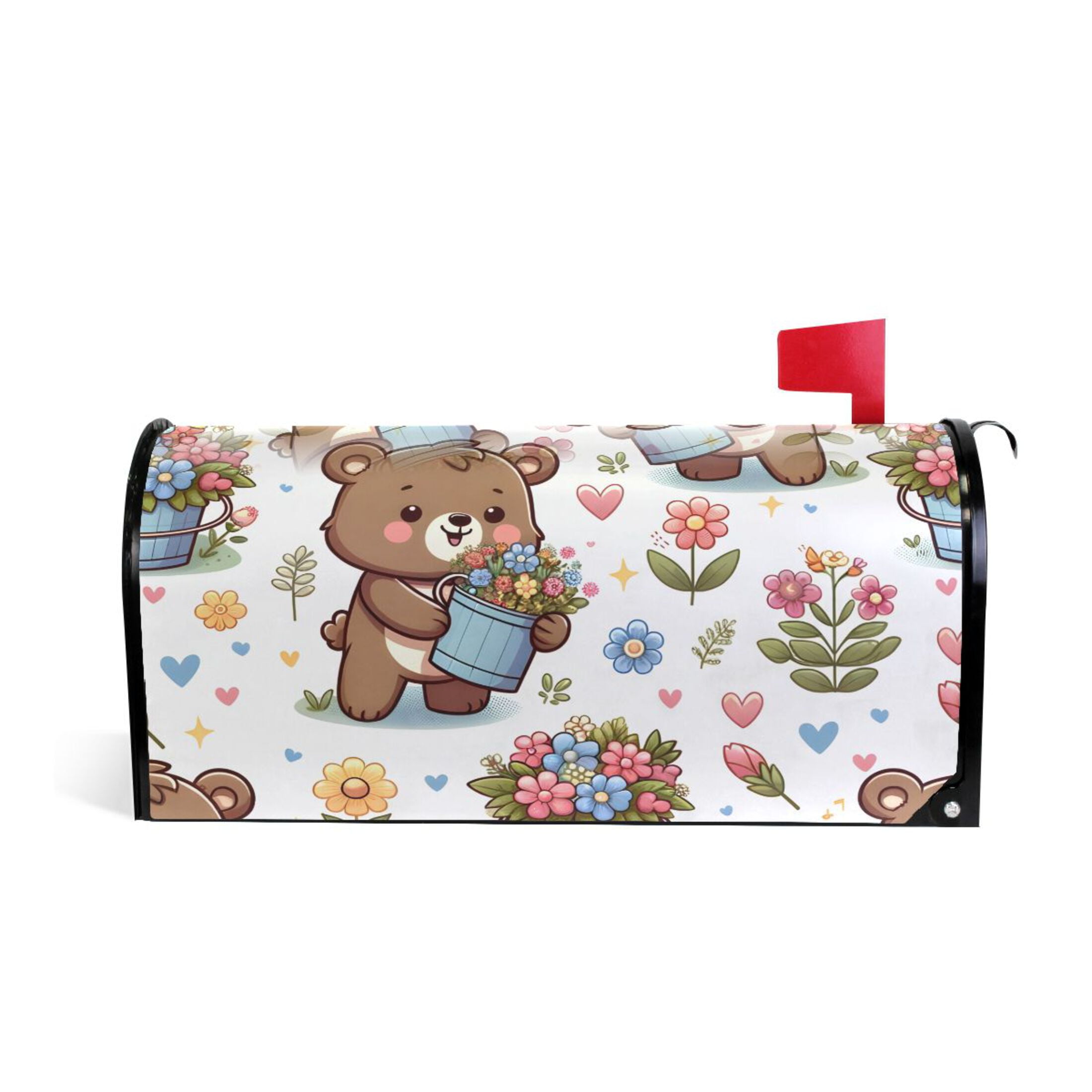 Cartoon Bear and Flower Bucket Magnetic Mailbox Covers 21" X 18" Post ...
