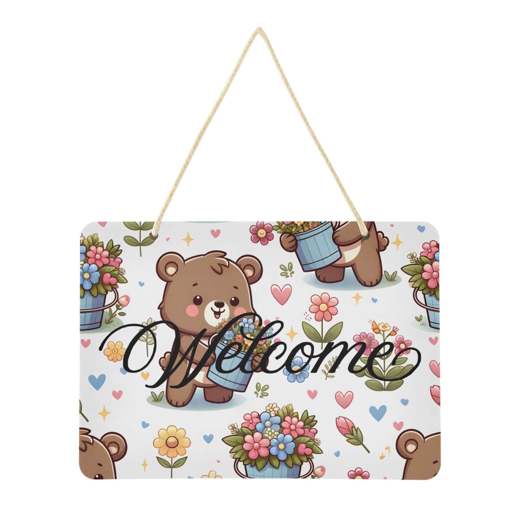 Cartoon Bear and Flower Bucket Welcome Sign Front Door PVC 14x10 inch ...