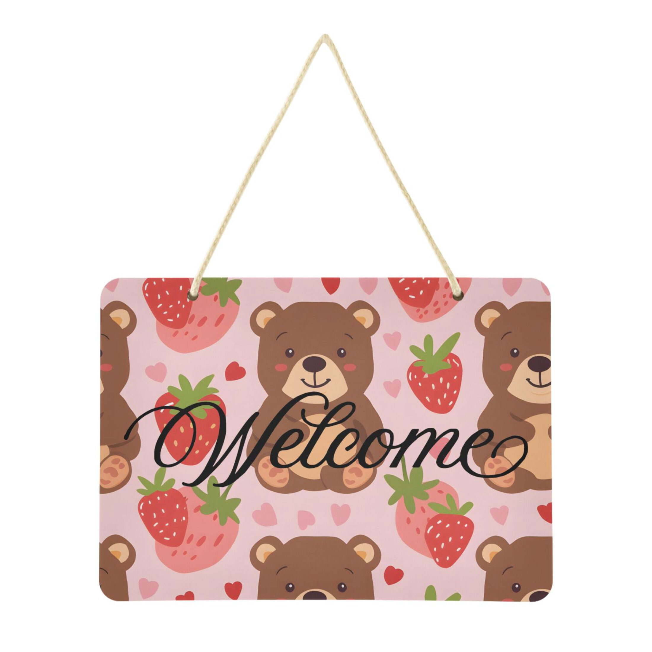 Cartoon Bear and Strawberry Welcome Sign Front Door PVC 14x10 inch ...
