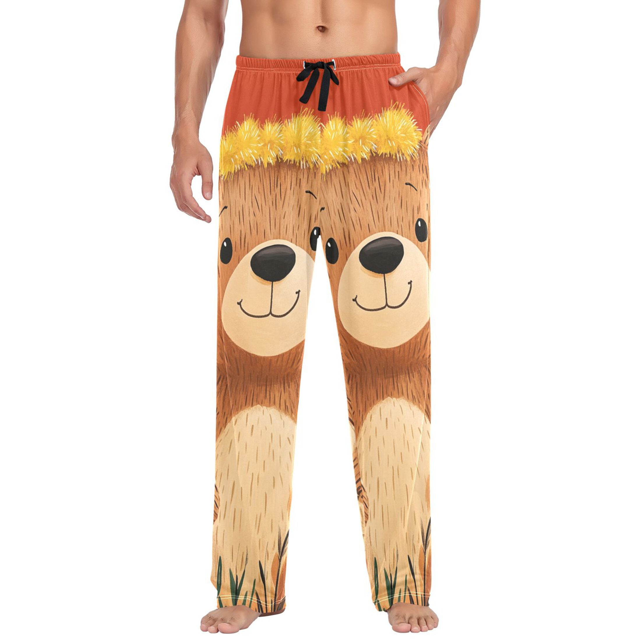 Cartoon Bear on Red Background Mens Cotton Pajama Pant Sleep and Lounge ...