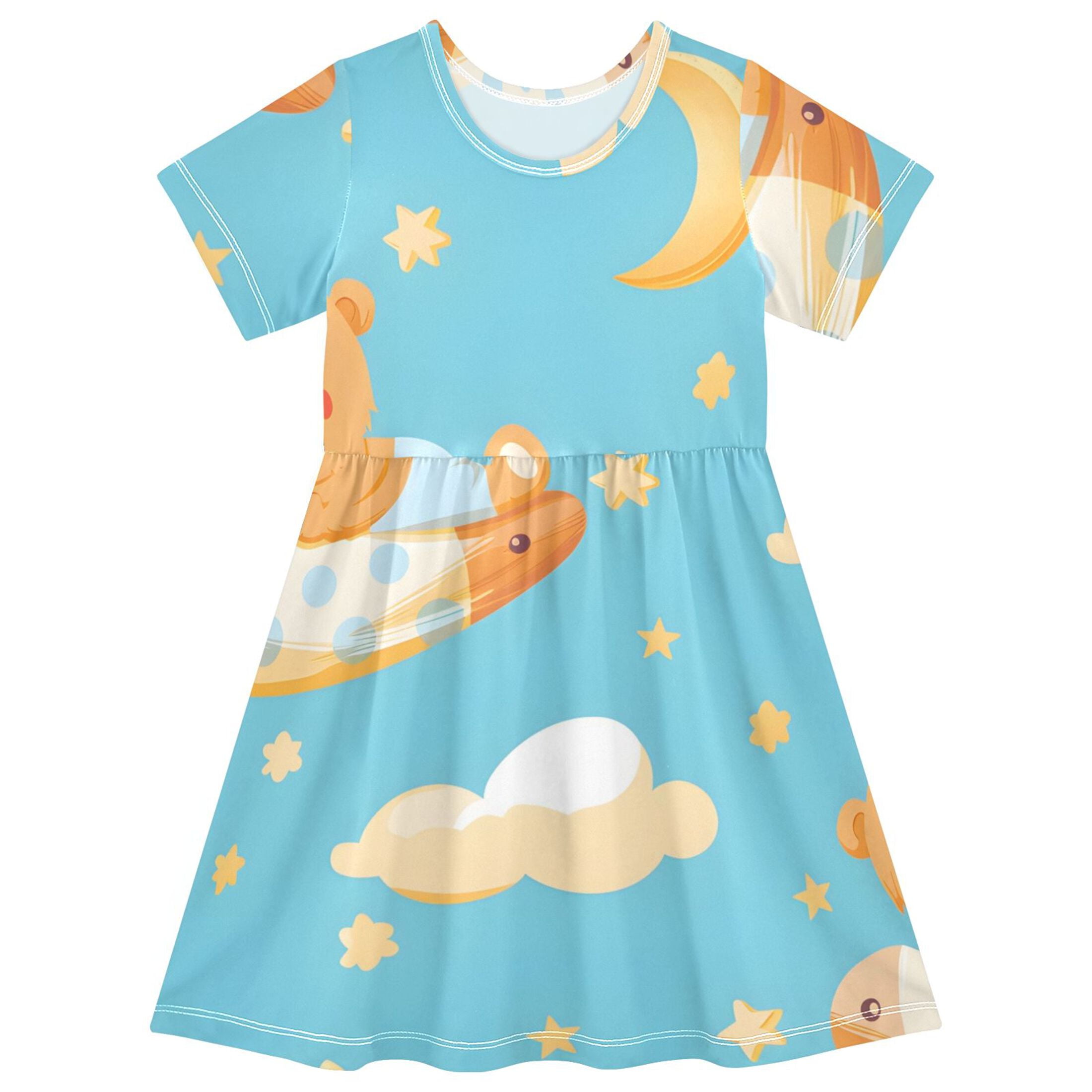 Cartoon Bears Ballon Stars Clouds Moon Girls' Short Sleeve Dress A-Line One-Piece Dress UPF 50 ...
