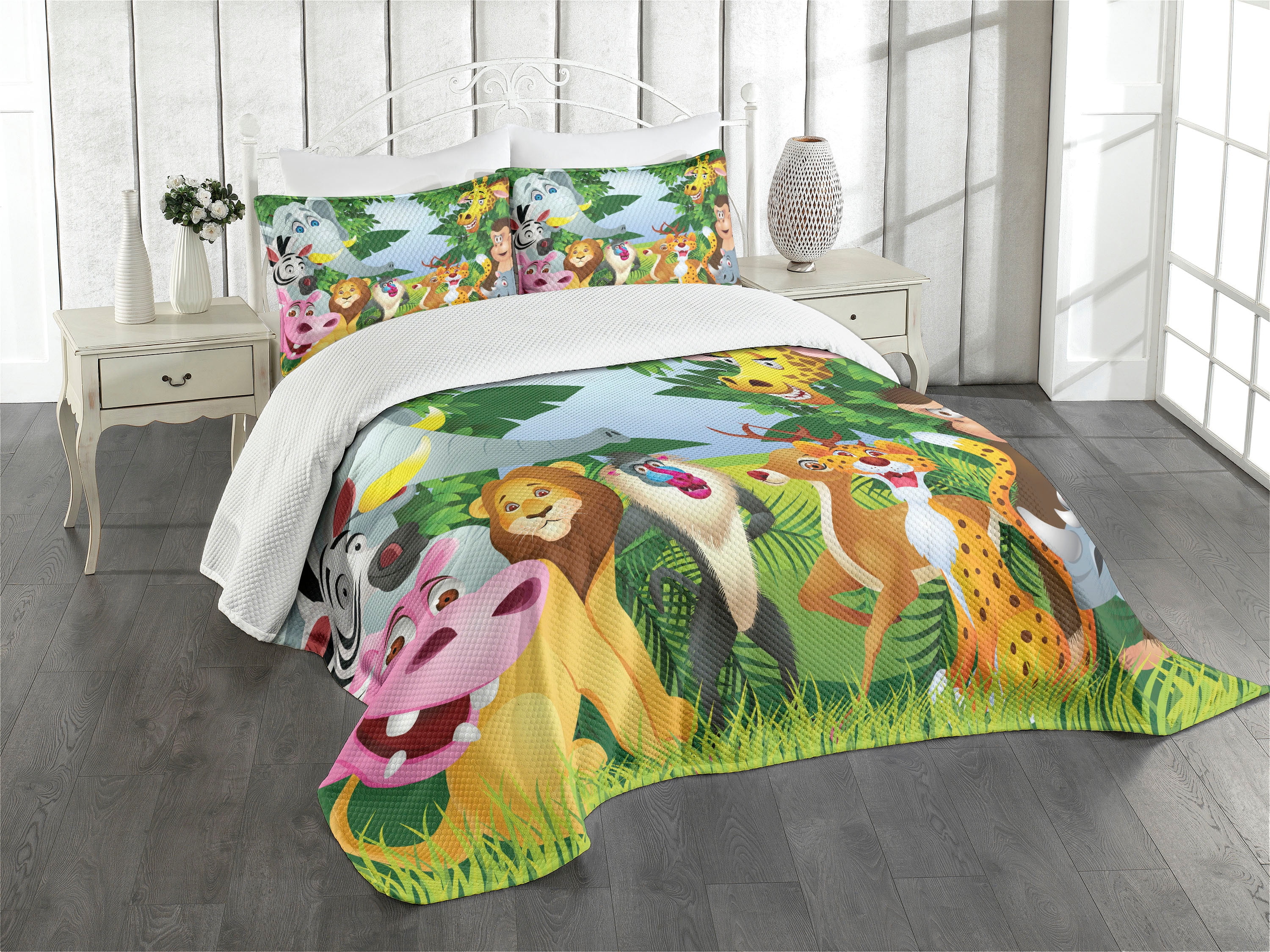 Cartoon Bedspread, Group of Savannah Jungle Animals with Funny ...