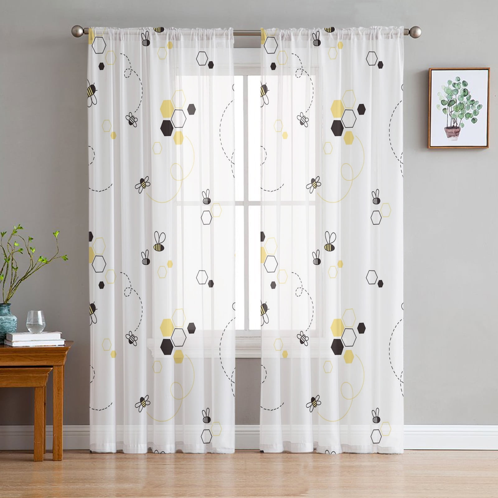Cartoon Bee Cute Square Pattern Tulle Curtains for Living Room Kitchen ...