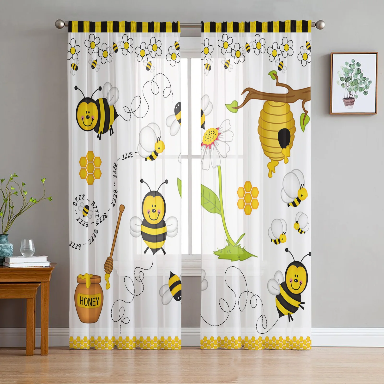 Cartoon Bee Cute Square Pattern Tulle Sheer Curtains for Living Room ...