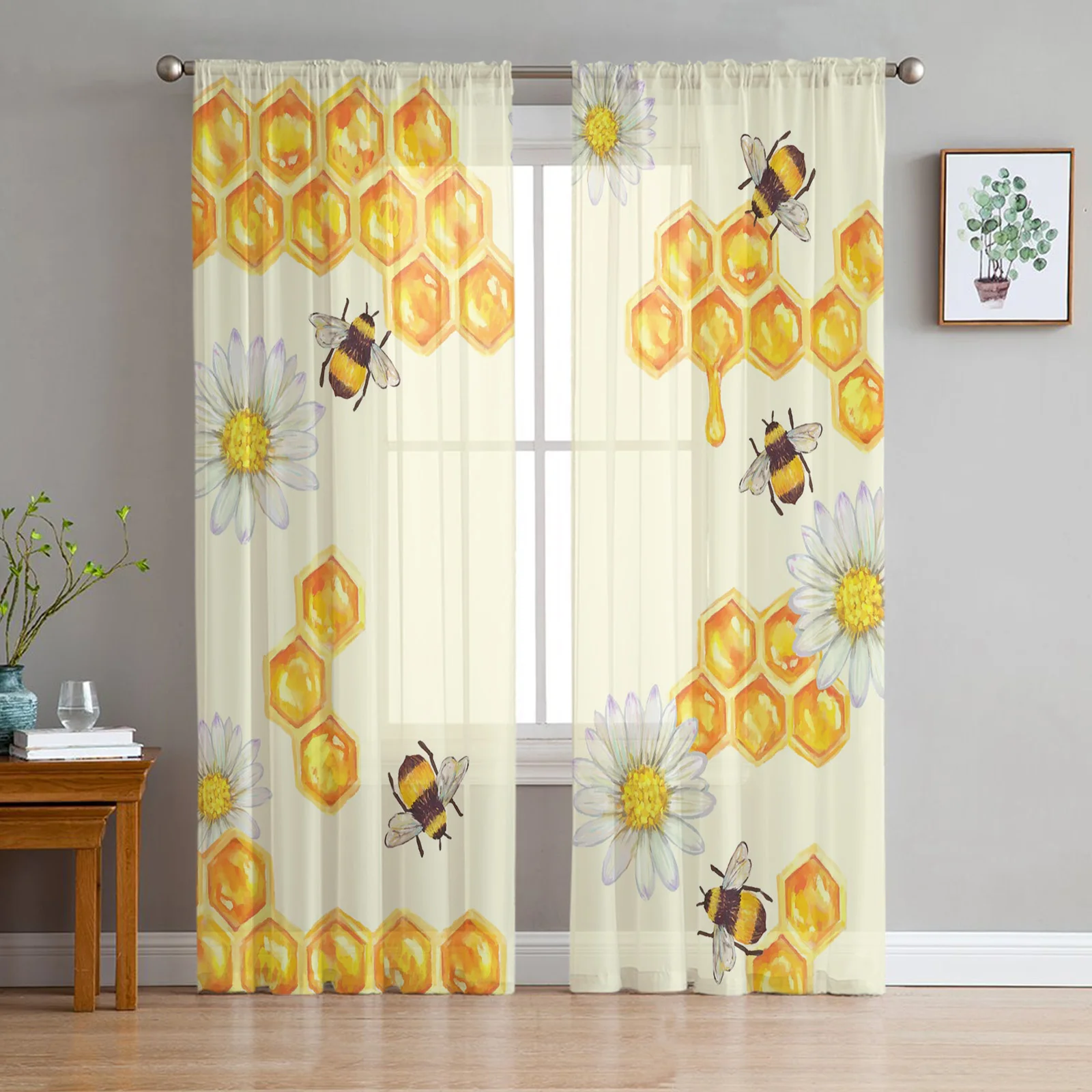 Cartoon Bee Cute Square Pattern Tulle Sheer Curtains for Living Room ...