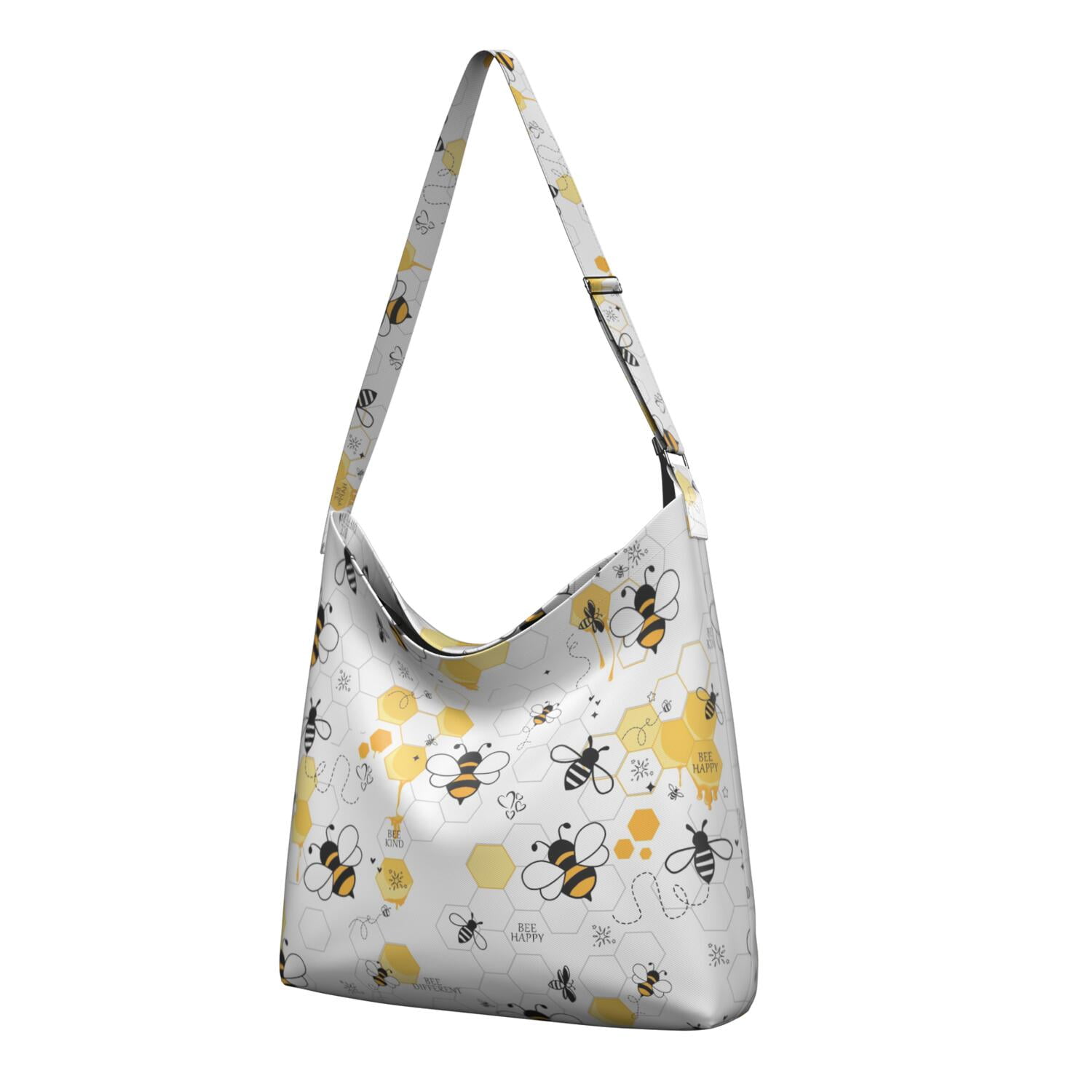Cartoon Bee Print Canvas Tote – Bumble Bee and Honeycomb Pattern with ...