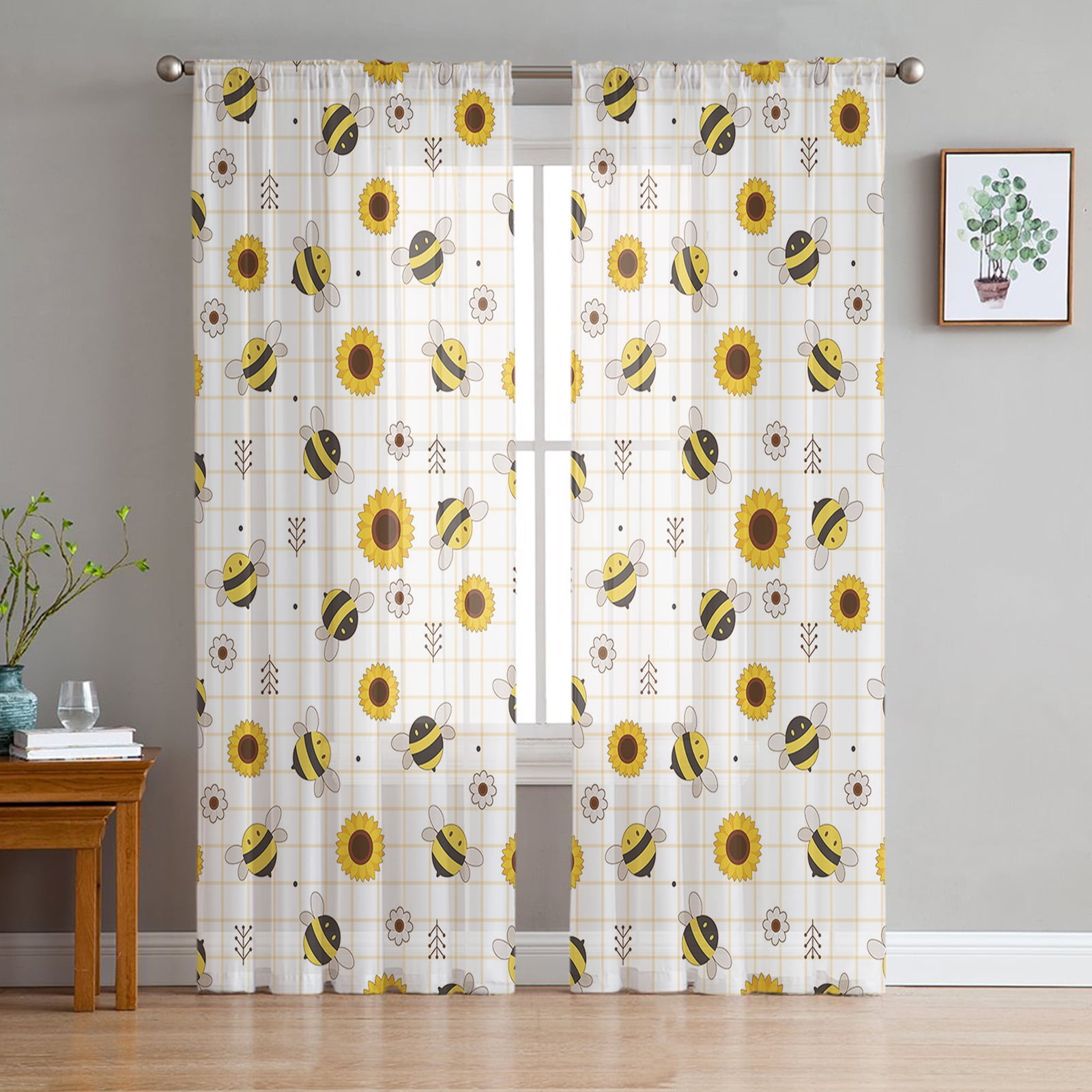 Cartoon Bee Sunflower Lines Home Tulle Curtains for Bedroom Living Room ...