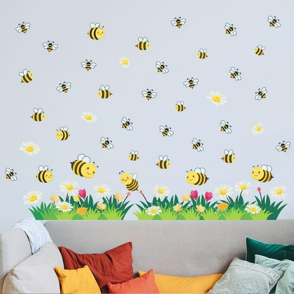 Cartoon Bee Wall Stickers Daisy Flower Bush Vinyl Wall Decals Bees ...