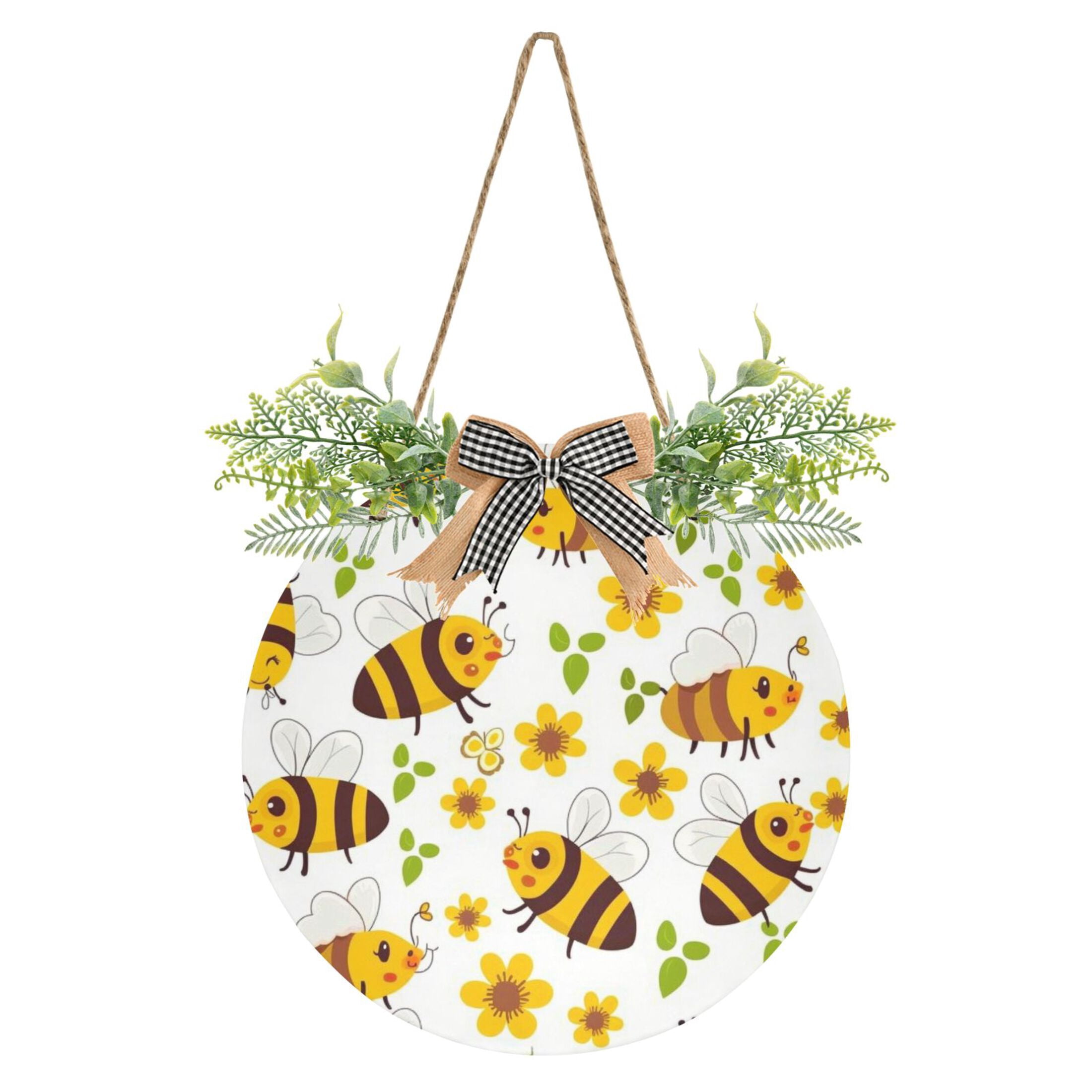 Cartoon Bee and Sunflowers Welcome Front Door Sign Round 12 inch Porch ...