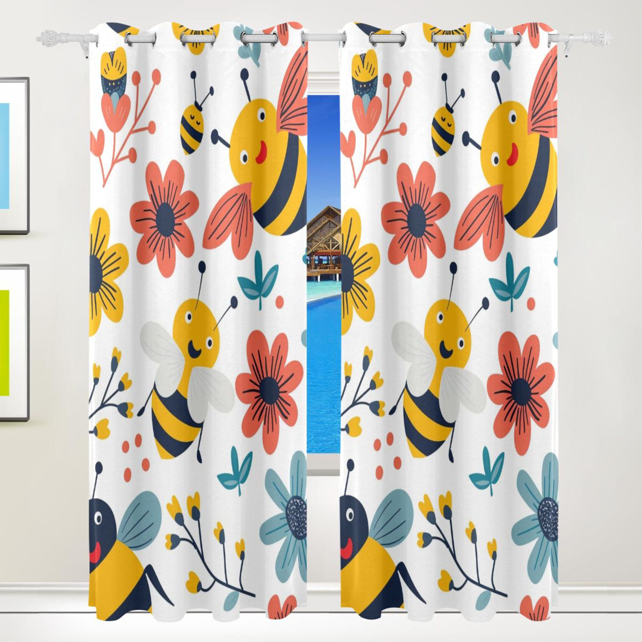 Cartoon Bee with Plants Blackout Curtains 72 inch Length 2 Panels ...
