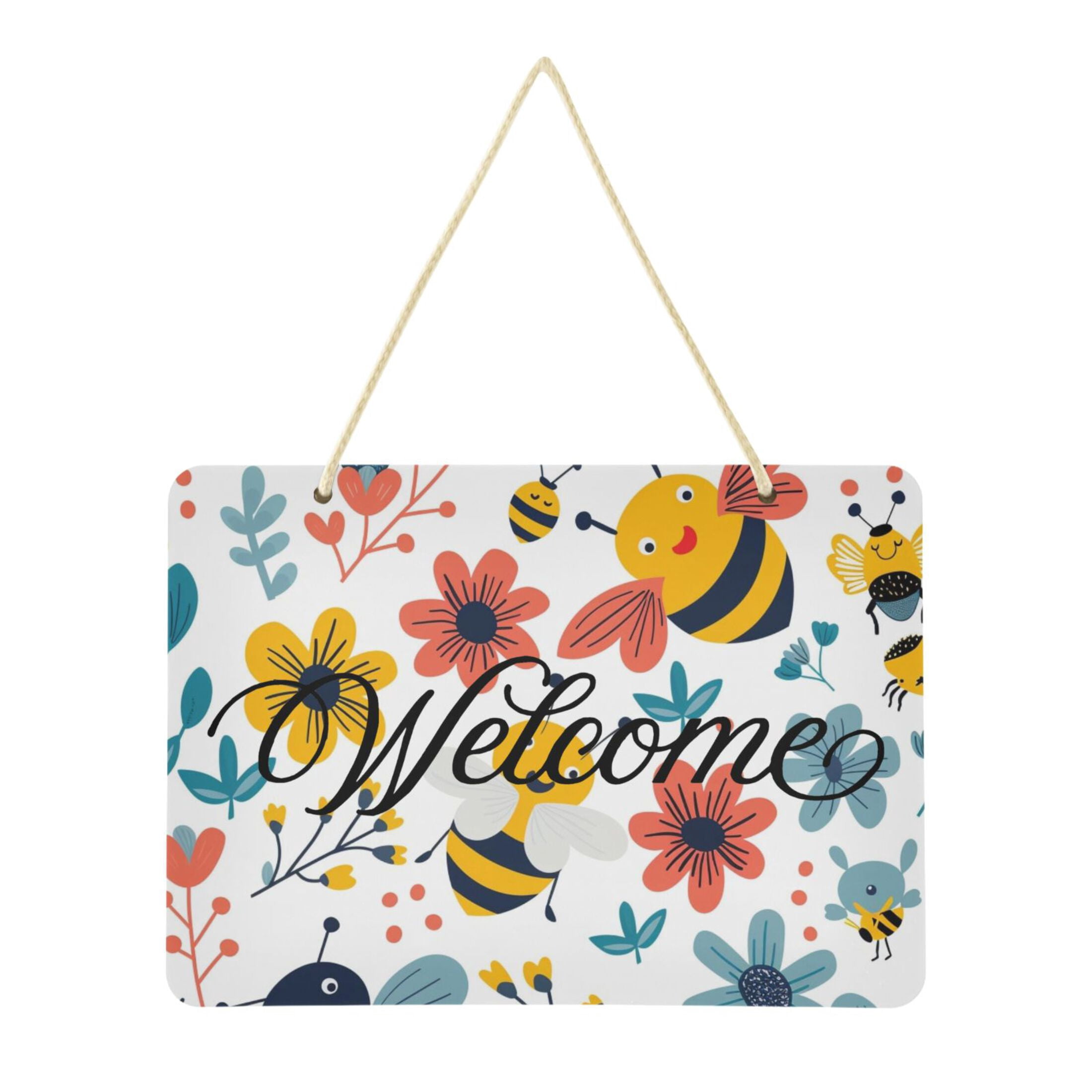 Cartoon Bee with Plants Welcome Sign Front Door PVC 14x10 inch Hanger ...