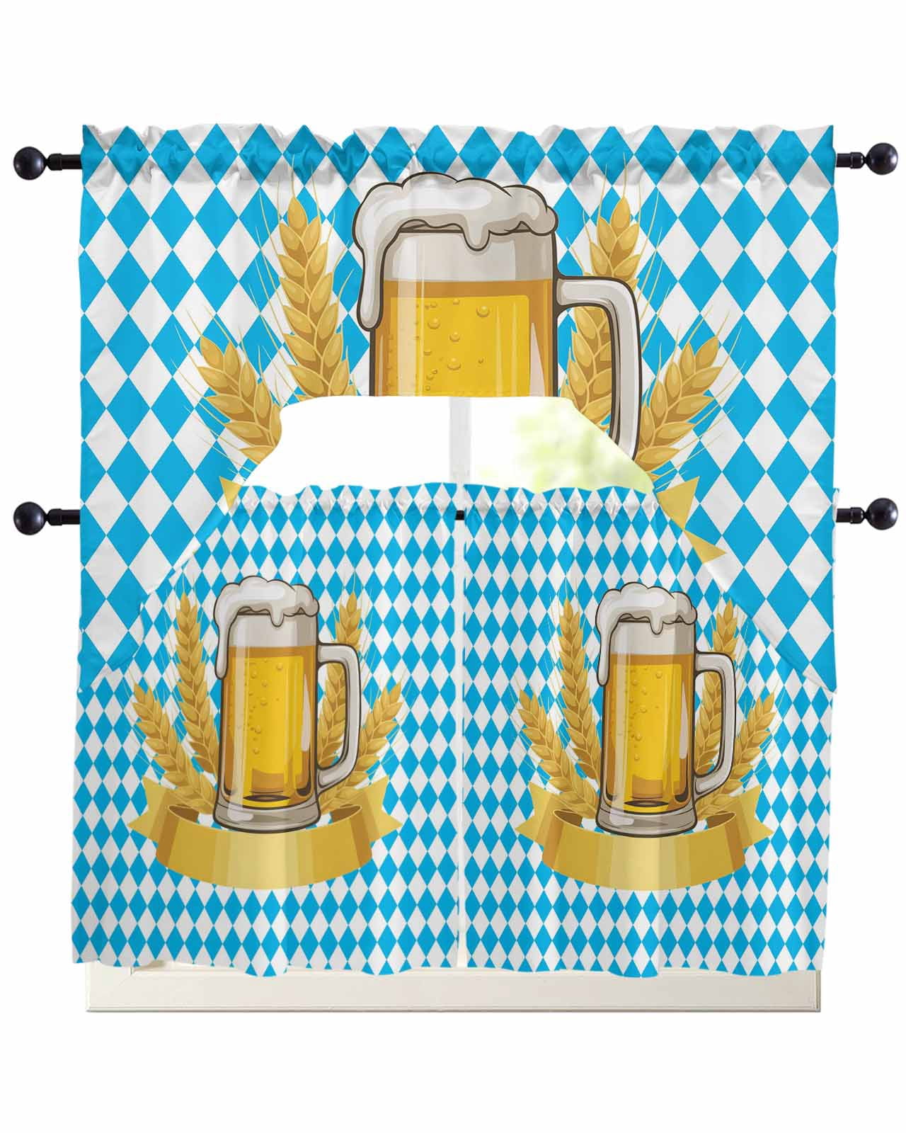 Cartoon Beer Swag Kitchen Curtains Sets for Windows 24 Inch Length ...