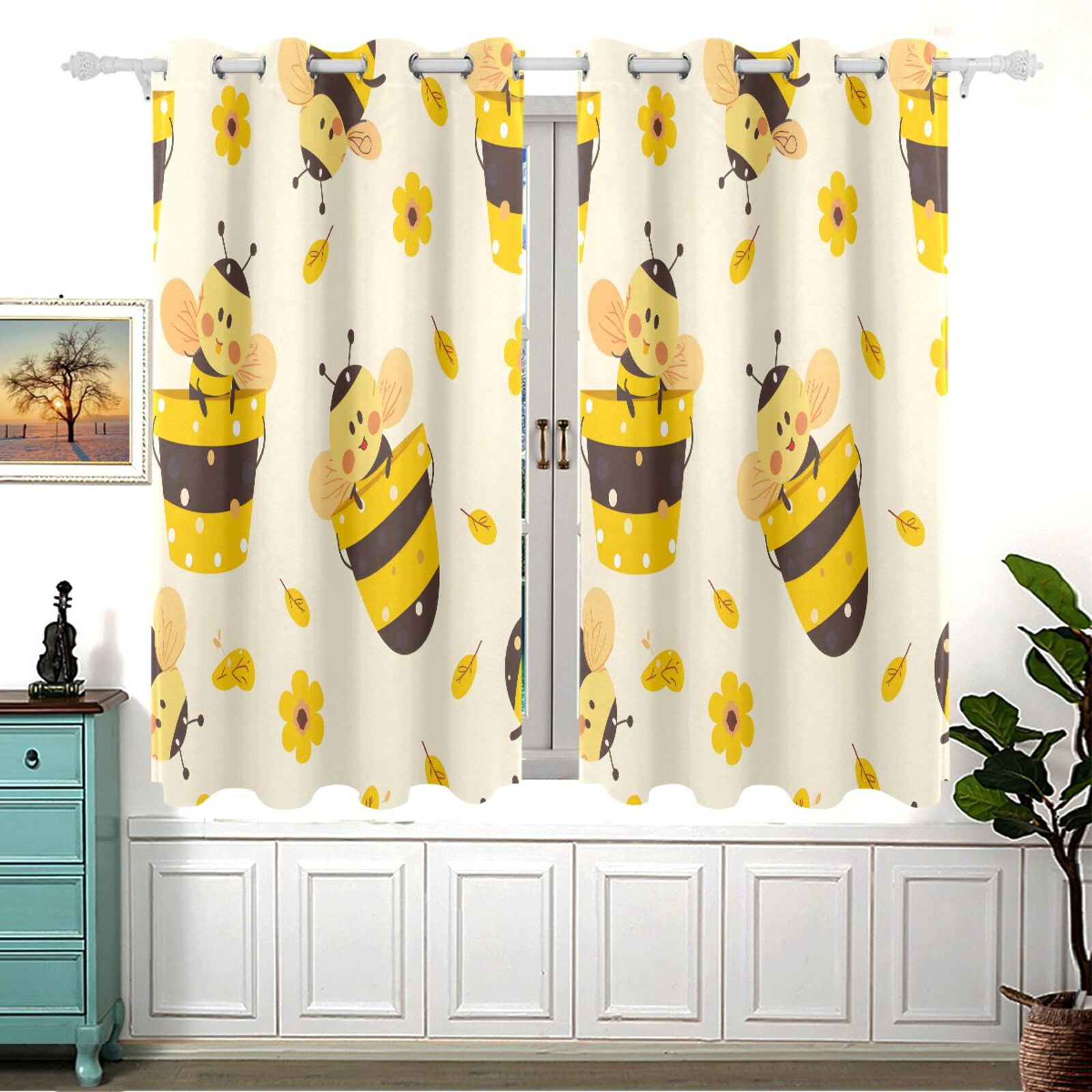 Cartoon Bees Honey Black Out Curtains Aesthetic for Bedroom Living Room ...