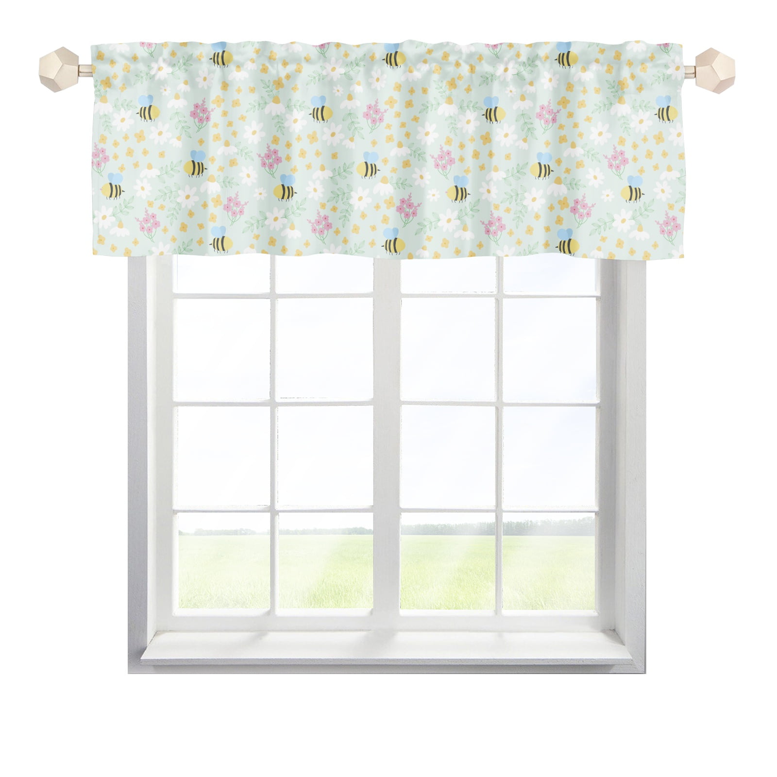 Cartoon Bees Wildflowers Kitchen Valances 54''x18'' Bee Floral Leaves ...