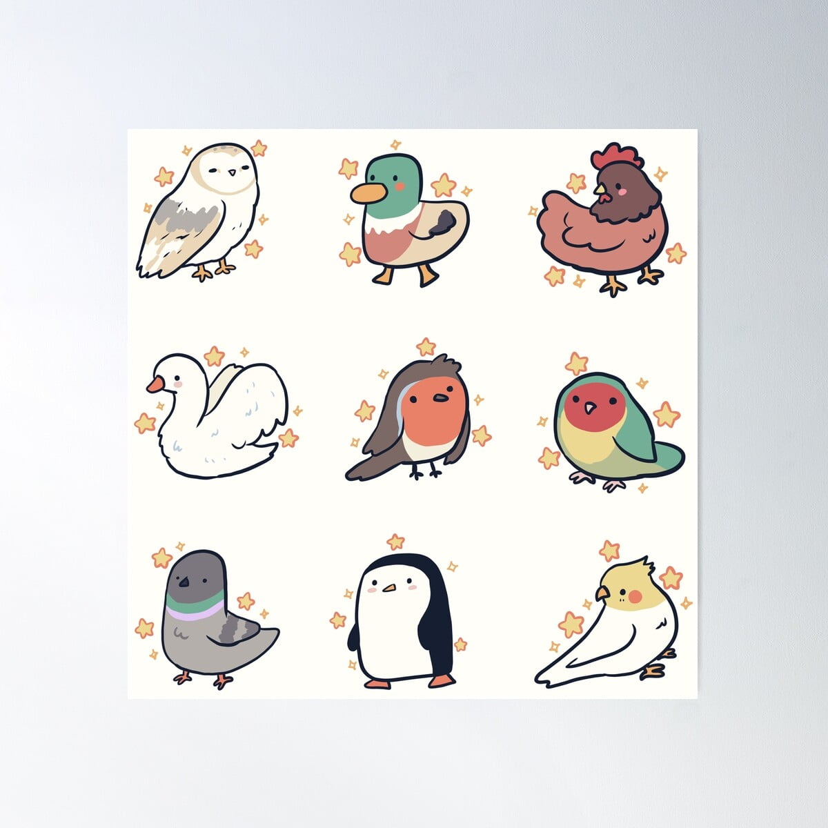 Cartoon Birds Pack Poster Wall Art, Modern Wall Decor For Living Room ...