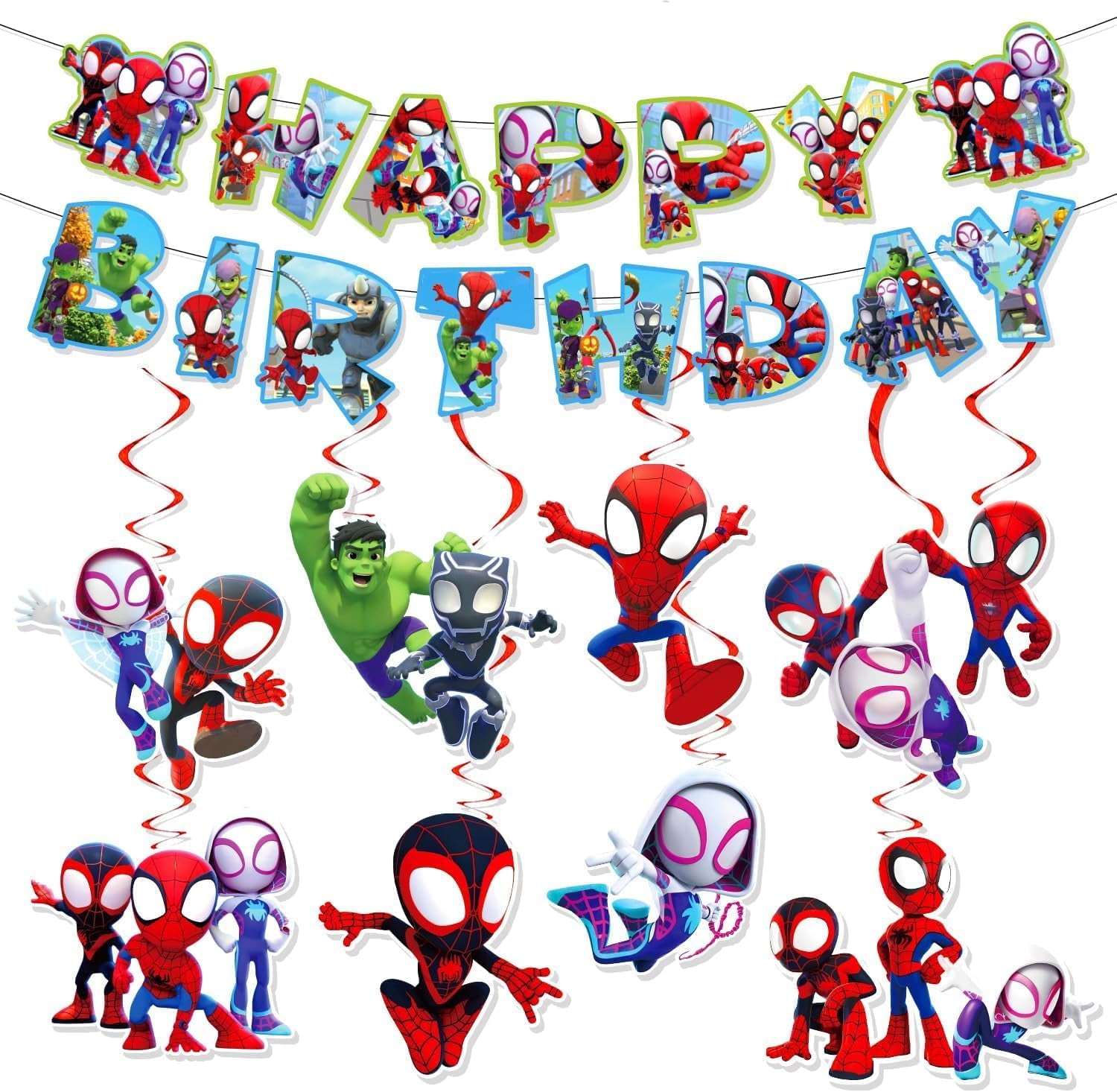 Cartoon Birthday Banner and Hanging Swirls - Spider Cat Day Happy ...