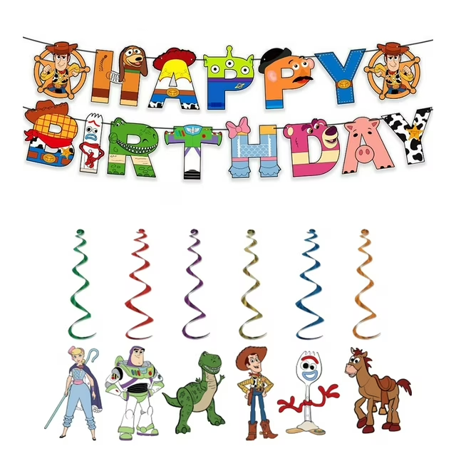 Cartoon Birthday Banner and Hanging Swirls - Toy Story Happy Birthday ...