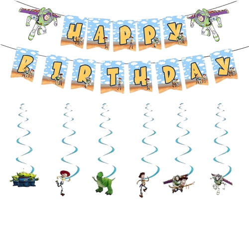 Cartoon Birthday Banner and Hanging Swirls - Toy Story Happy Birthday ...