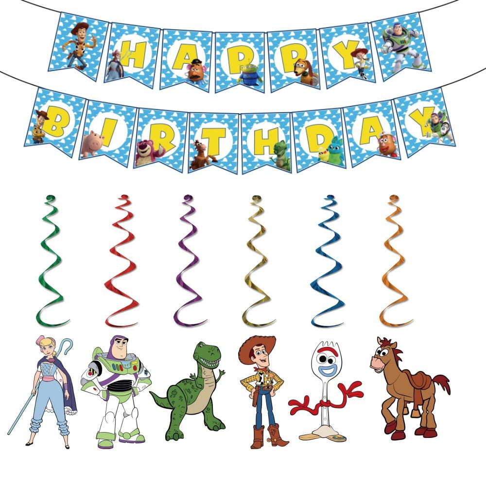 Cartoon Birthday Banner and Hanging Swirls - Toy Story Happy Birthday ...