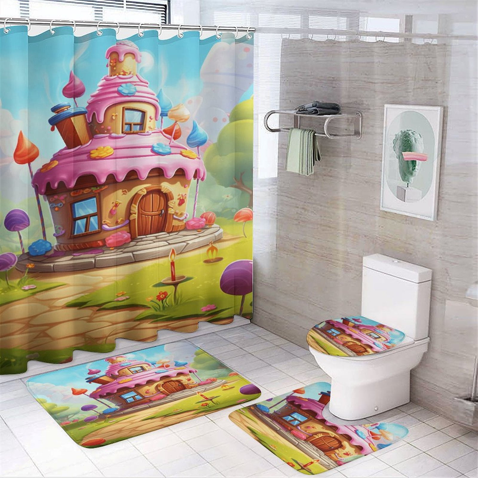 Cartoon Birthday Cake Bathroom Sets with Shower Curtain And Rugs, Incl ...