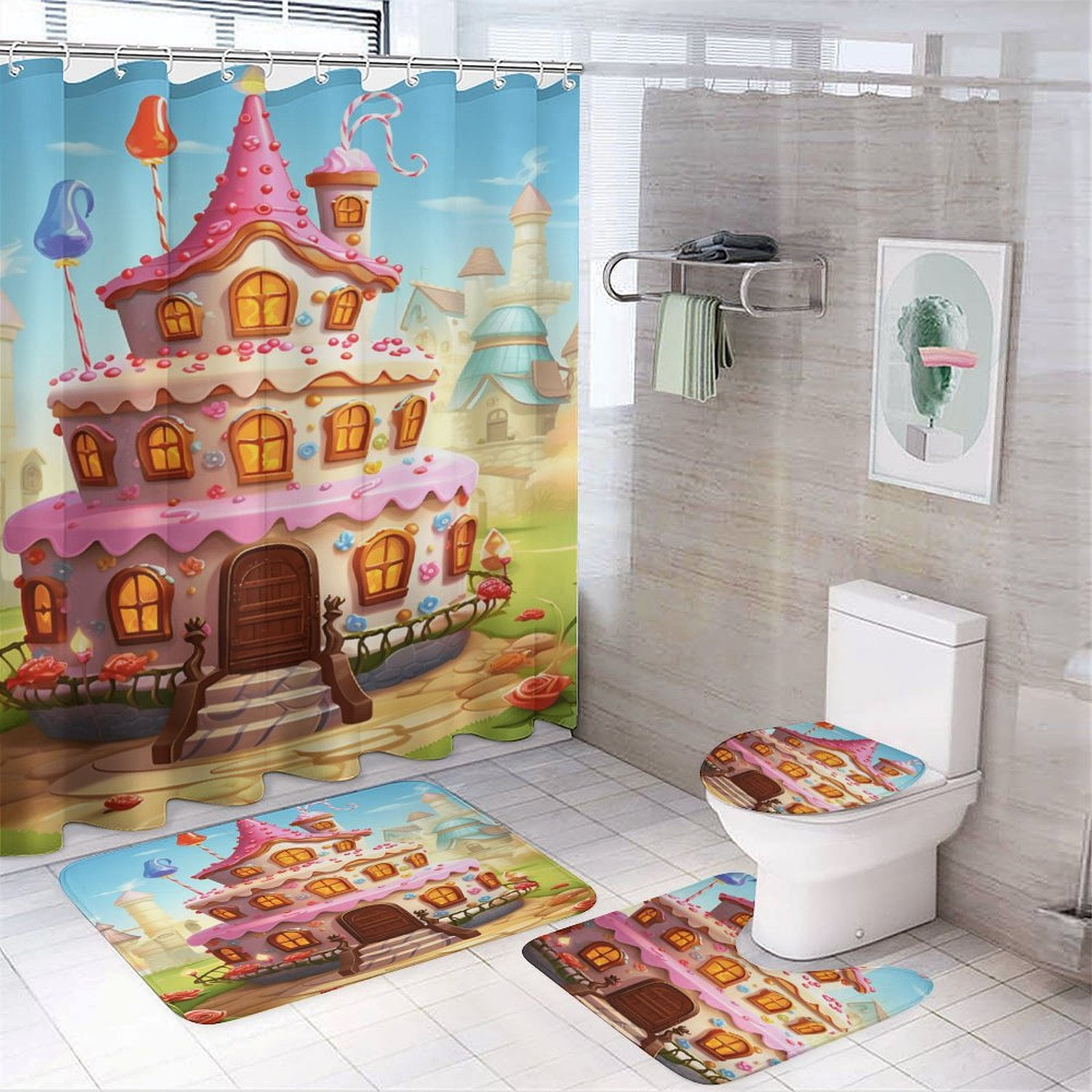 Cartoon Birthday Cake Bathroom Sets with Shower Curtain And Rugs, Incl ...