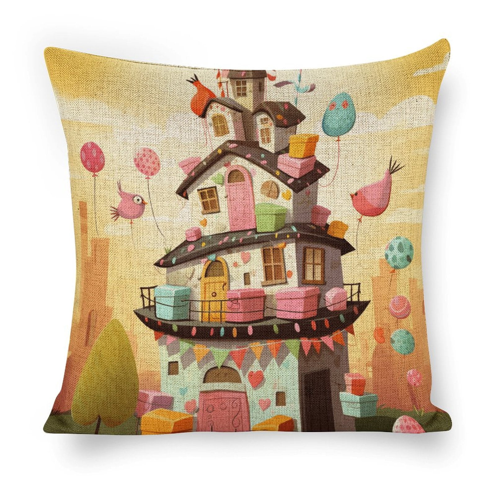 Cartoon Birthday Cake Farmhouse Pillow Covers Rustic Linen Decorative ...