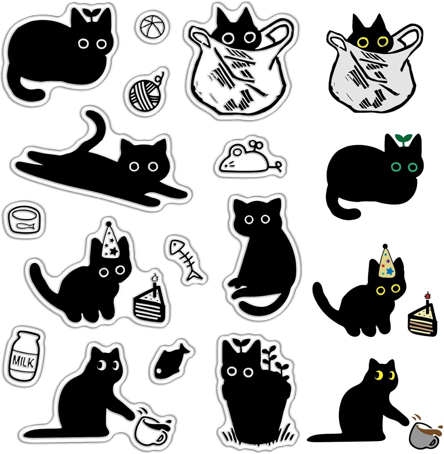 Cartoon Black Cat Clear Rubber Stamps Cute Kitty Fish Bone Reusable ...