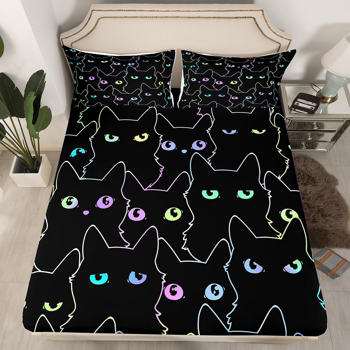 Cartoon Black Cat Full Fitted Sheet Gradient Cats Bedding, Kawaii ...