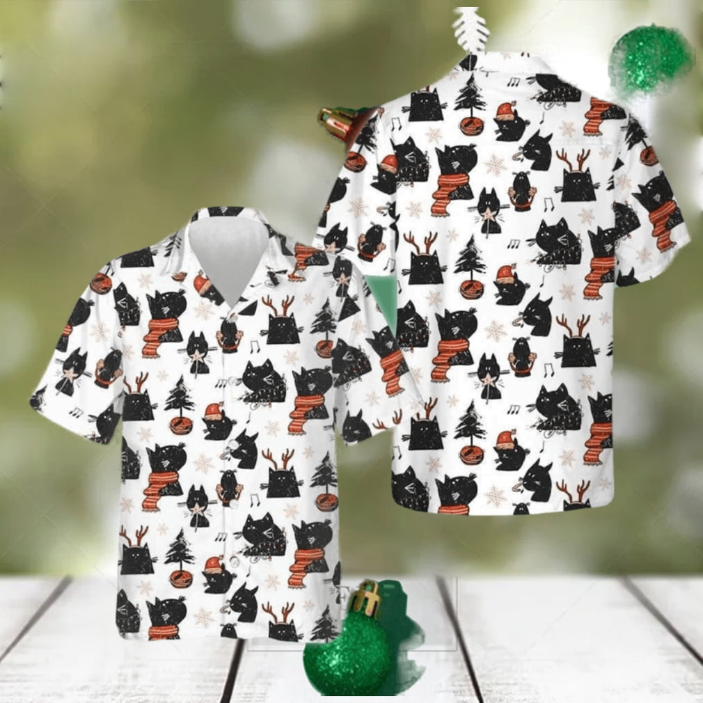 Cartoon Black Cat Merry Christmas Hawaiian Shirt Funny Xmas Cat Shirt ...