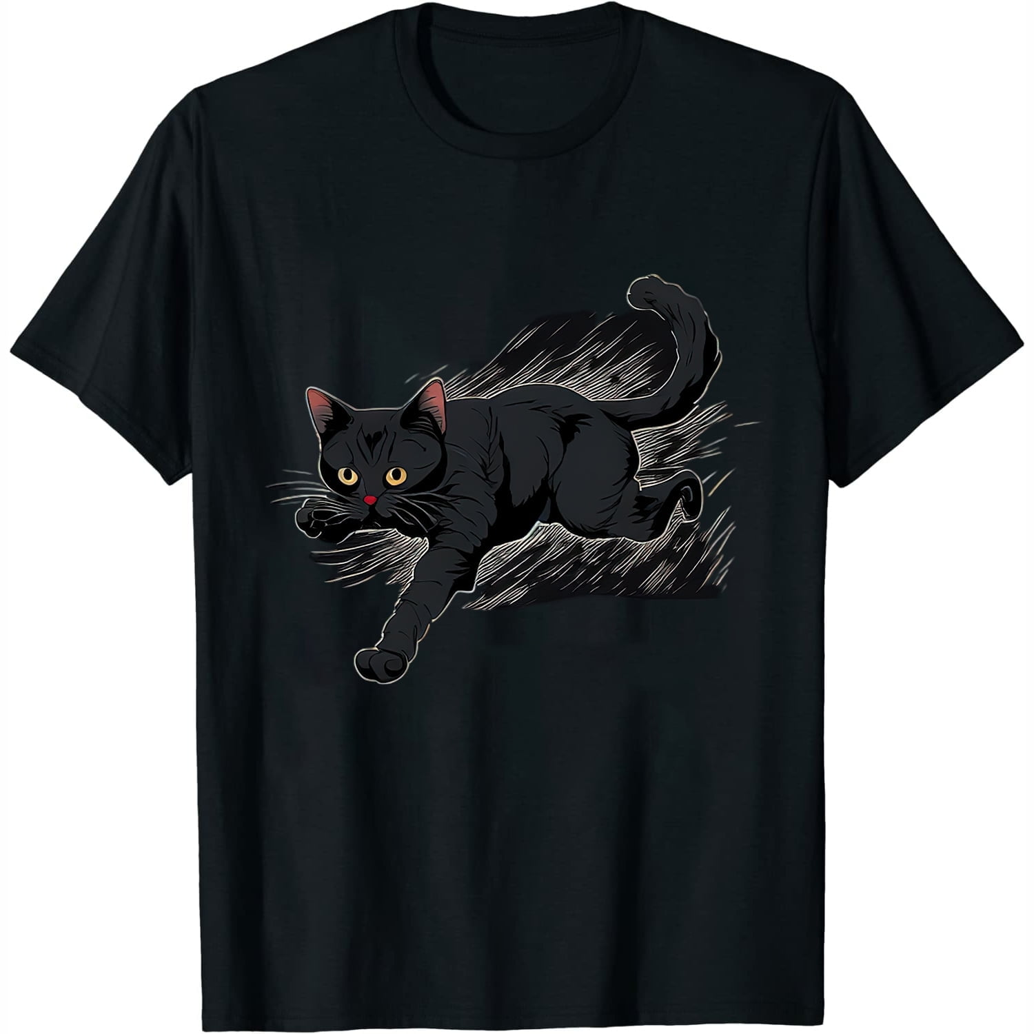 Cartoon Black Cat Running Men's T-Shirt Playful Feline Graphic Tee ...