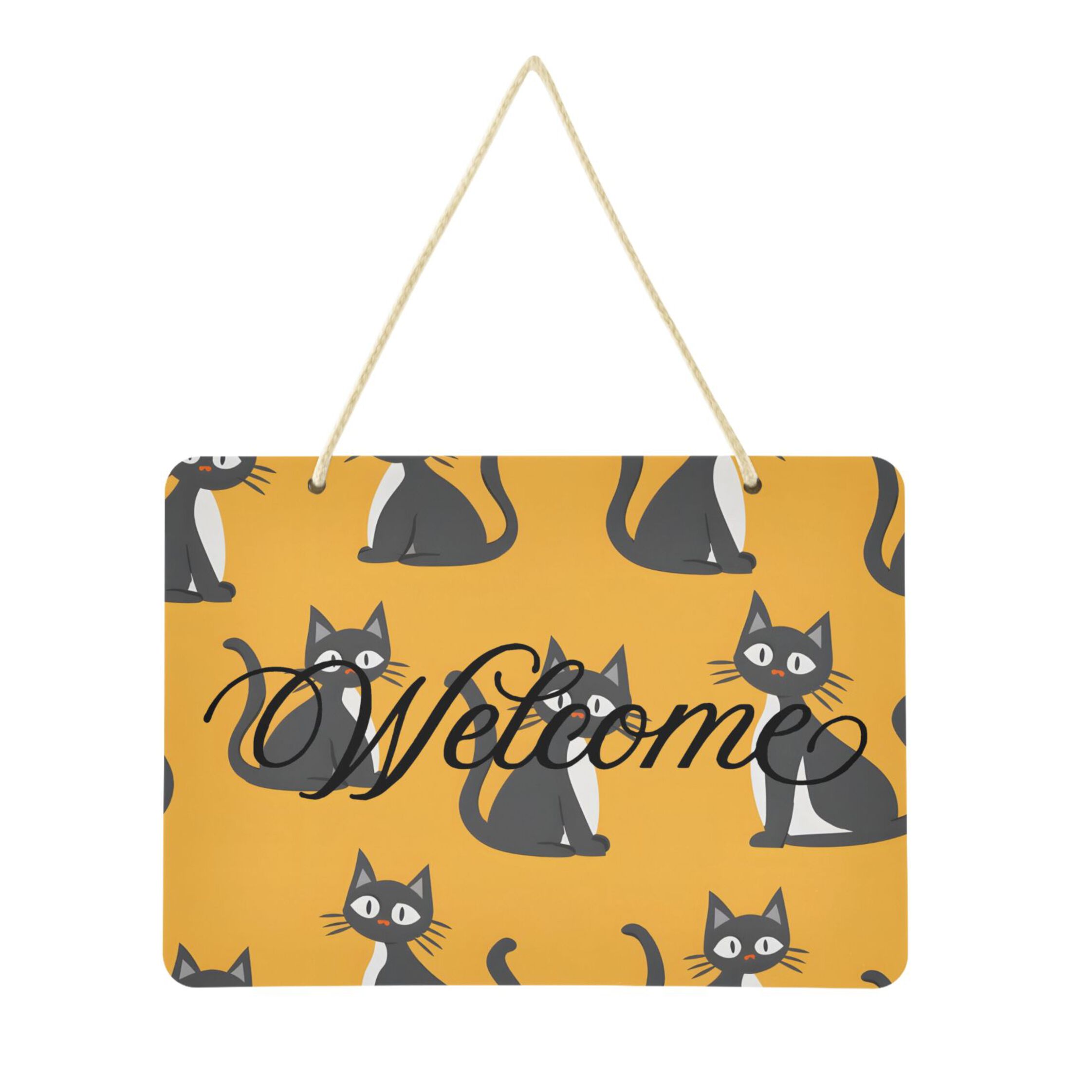 Cartoon Black Cat Welcome Sign Front Door PVC 14x10 inch Hanger Hello ...