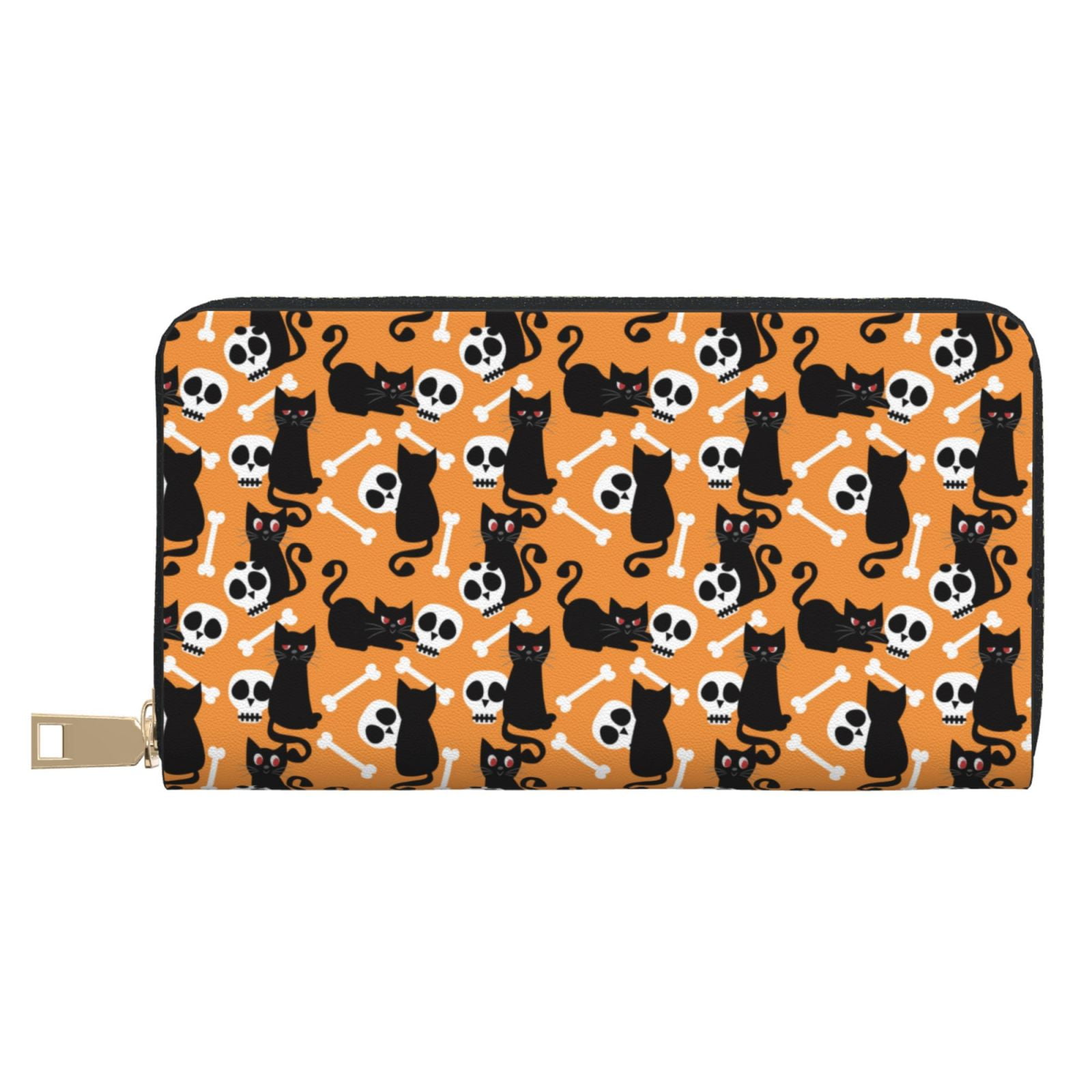Cartoon Black Cat White Skull Wallet Women, Leather Bifold Multi Card ...