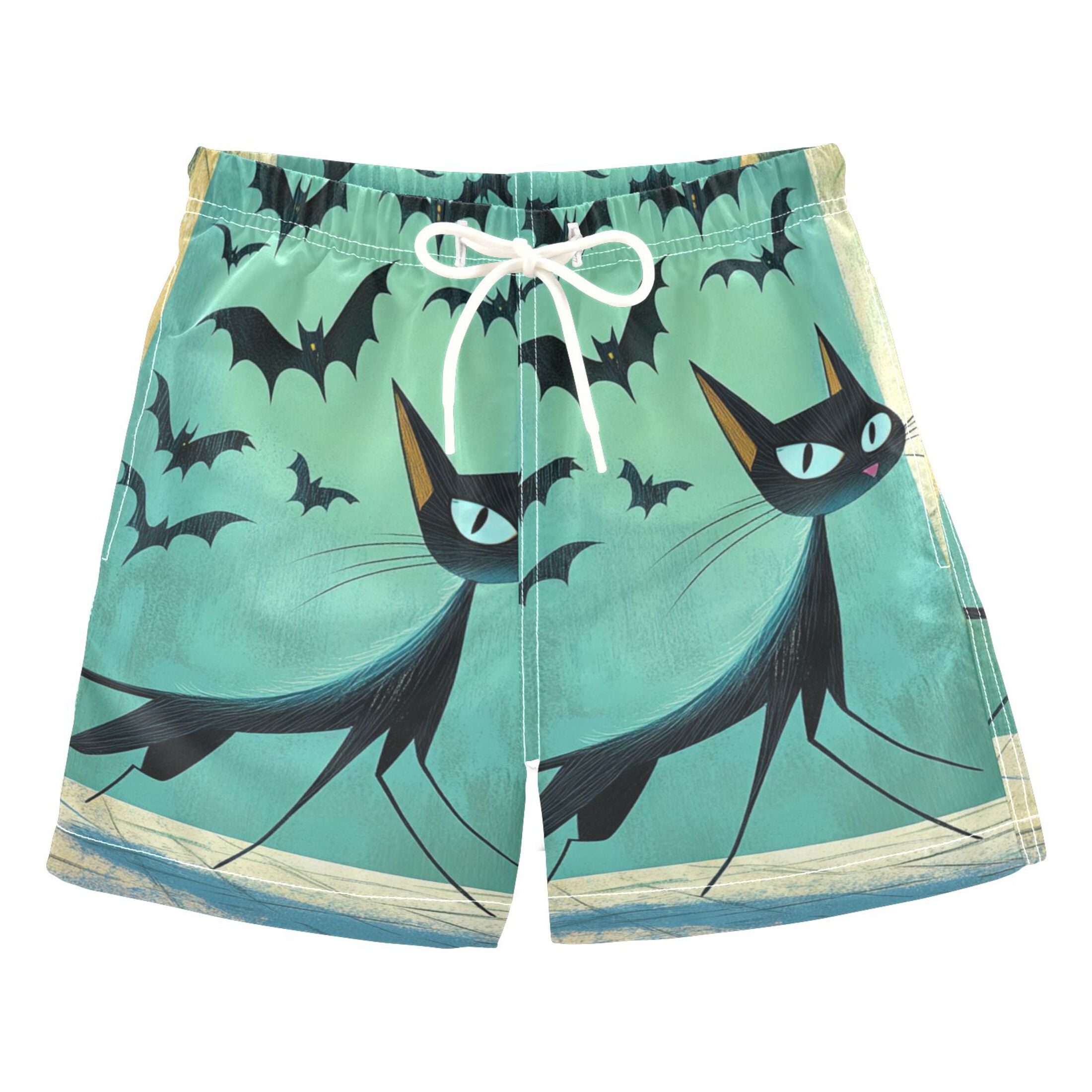 Cartoon Black Cat and Bat Boys Swim Trunks Quick Dry Boy Swim Shorts ...
