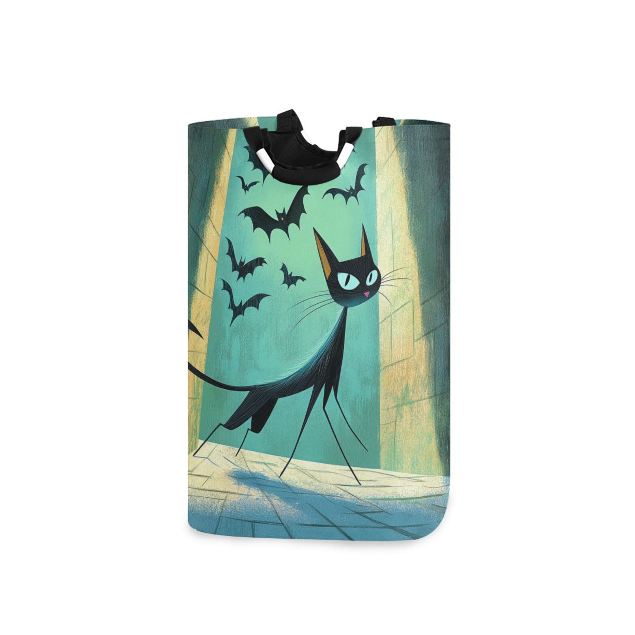 Cartoon Black Cat and Bat Laundry Basket with Handles 50L Collapsible ...