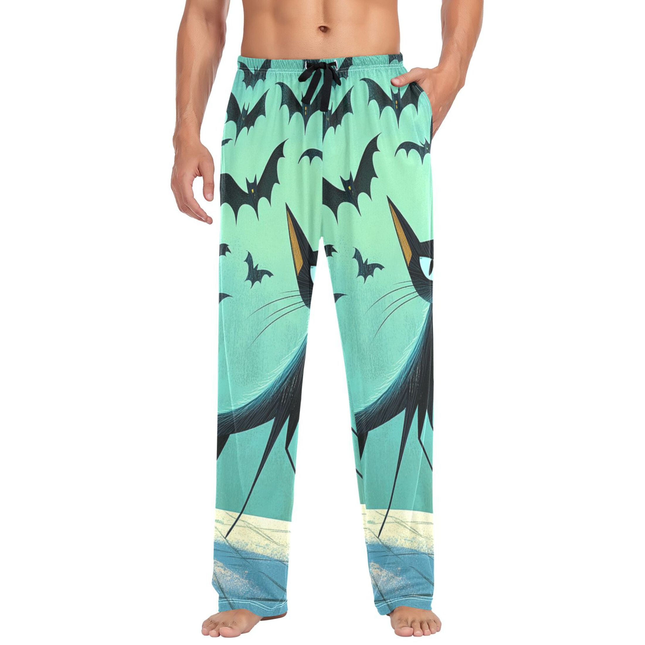 Cartoon Black Cat and Bat Mens Cotton Pajama Pant Sleep and Lounge ...
