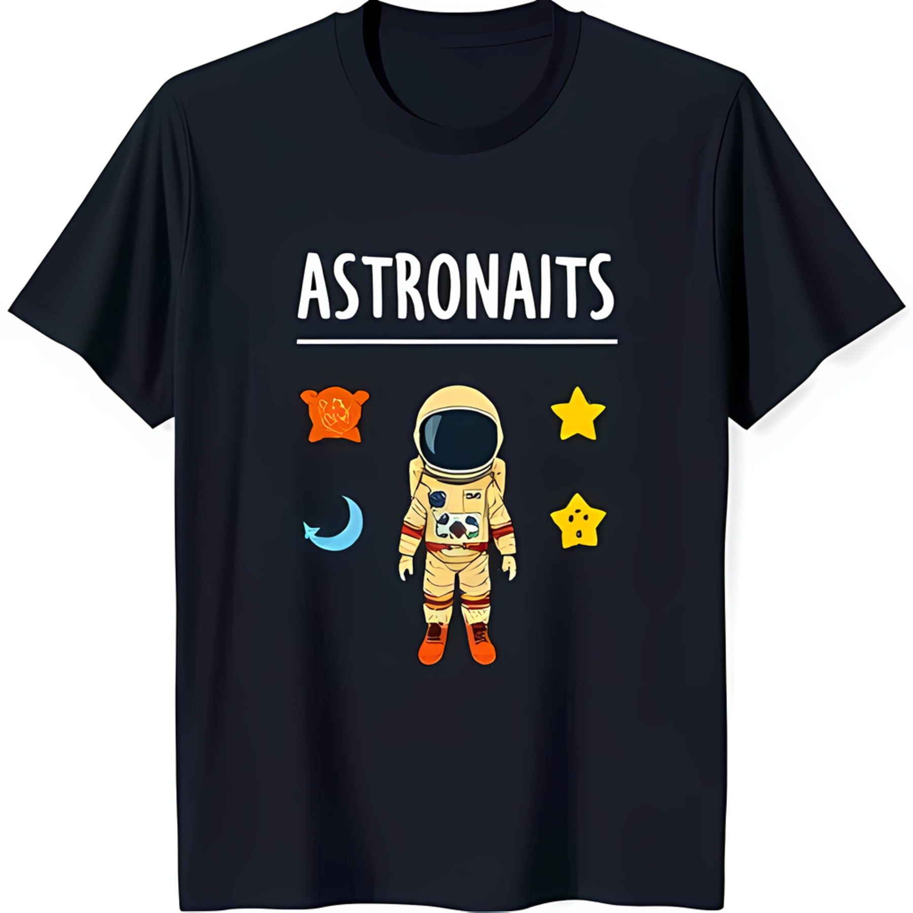 Cartoon Black T-Shirt with Stars & Moon Bold 'Astronauts' Design ...