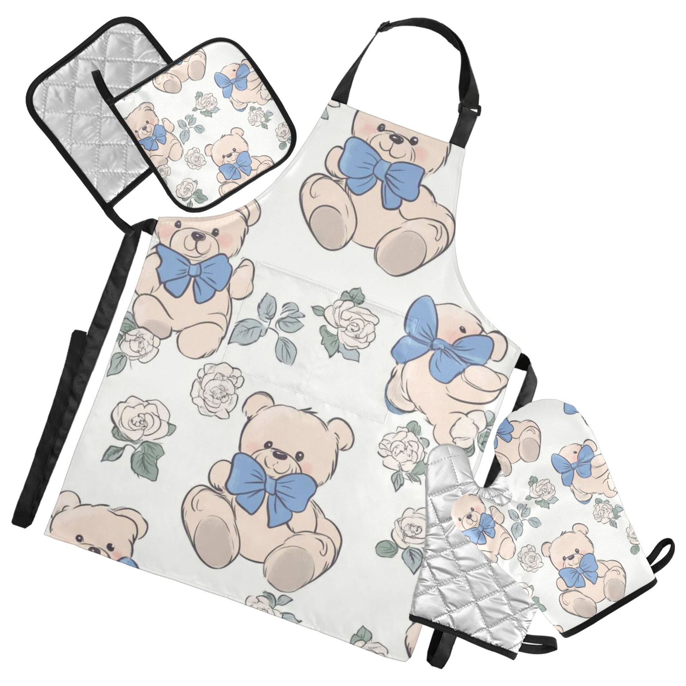 Cartoon Blue Bears Oven Mitts and Pot Holders with Chef Apron Set 5 Pcs ...
