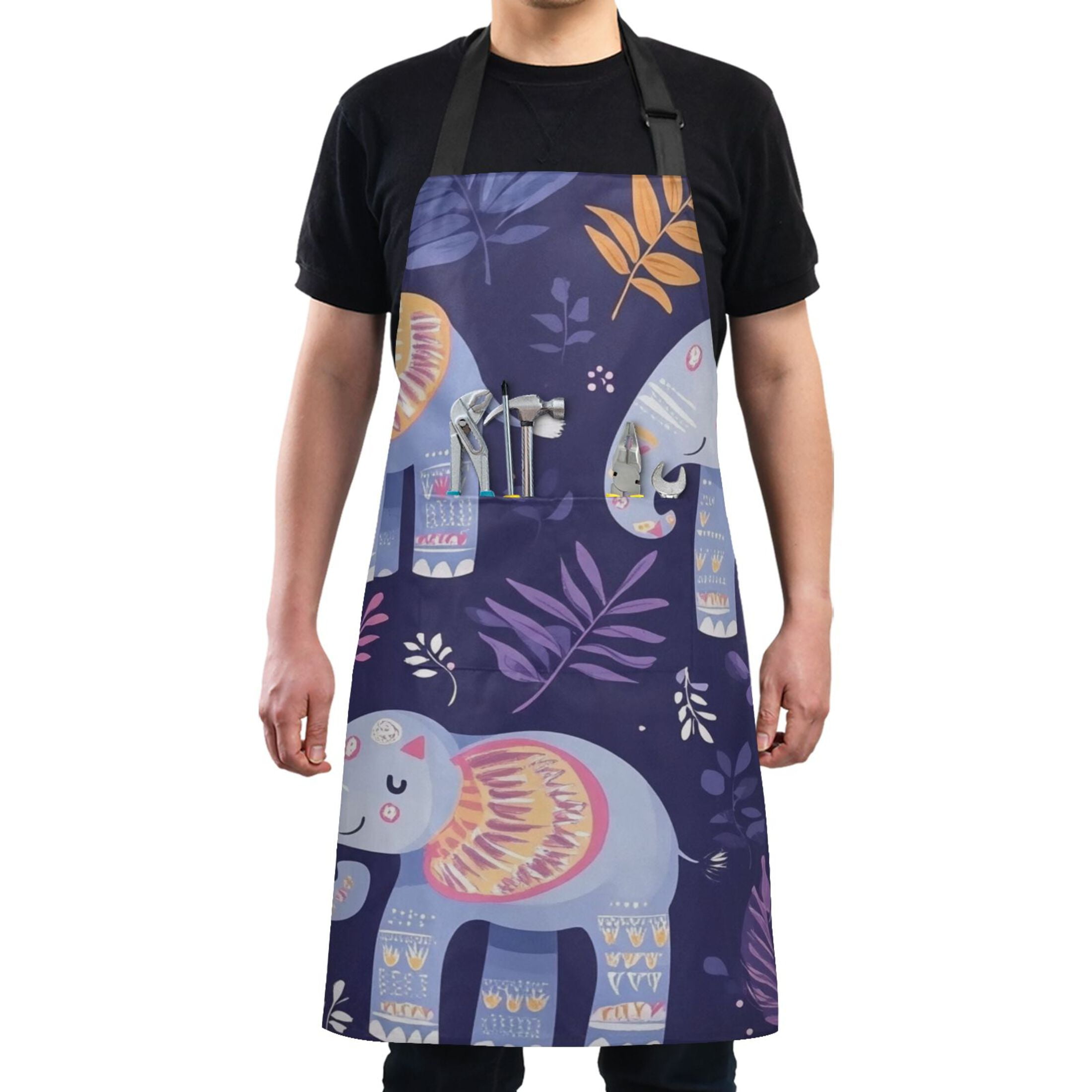 Cartoon Blue Elephant Chef Kitchen Apron with Pockets for Women ...