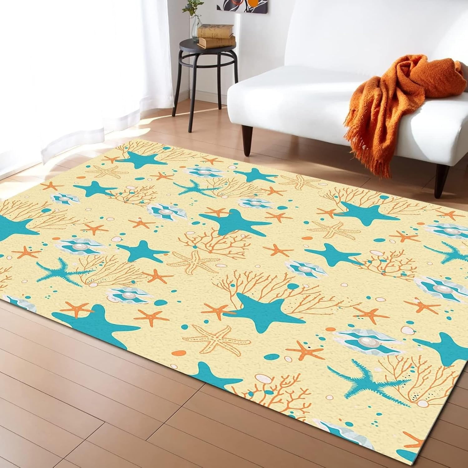 Cartoon Blue Yellow Starfish Pearl Kids Rugs, Marine Life Seaweed Coral ...