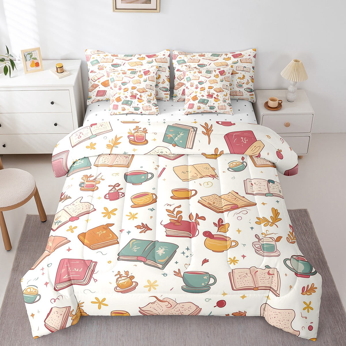 Cartoon Books Bed In A Bag 7Pcs Coffee Botanical Maple Leaf Comforter ...