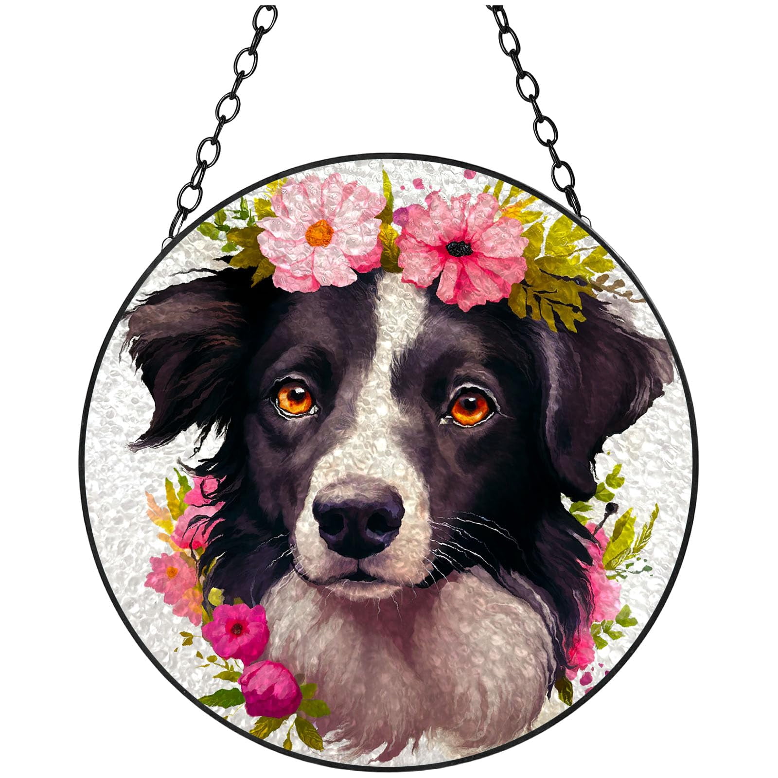 Cartoon Border Collie with Flower Wreath Stained Glass Suncatcher ...