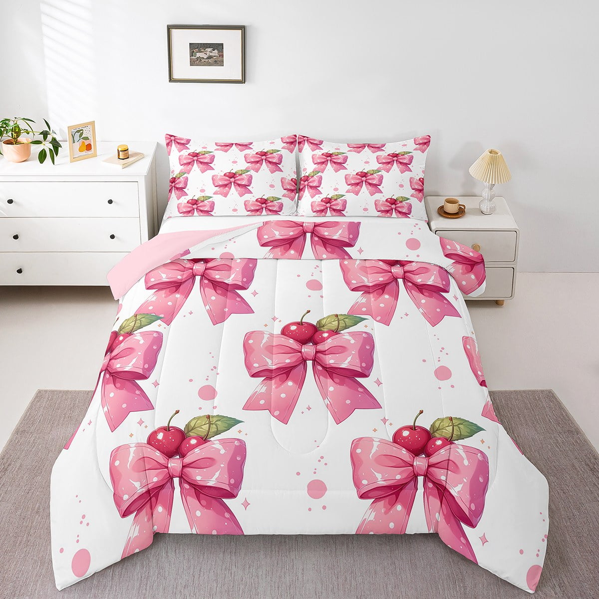 Cartoon Bow Bedding Set Queen Size Sweet Cherry Fruit Comforter Pink ...